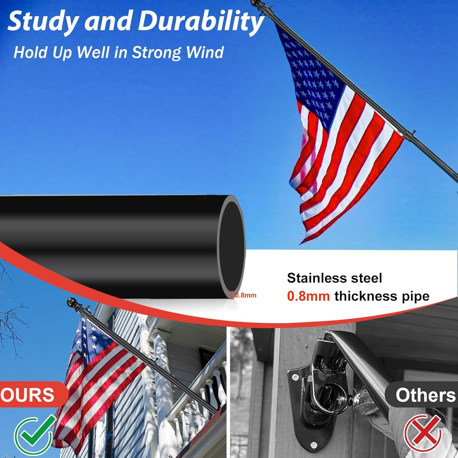 TG4THT-Flag Pole - Upgraded Bracket Holder,6 FT Heavy Duty Stainless ...