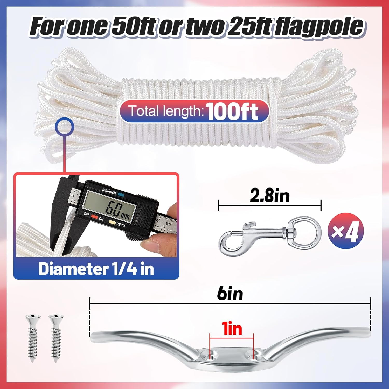 TG4THT-Flag Rope and Clips Kit - 100ft Flag Pole Rope Halyard with ...