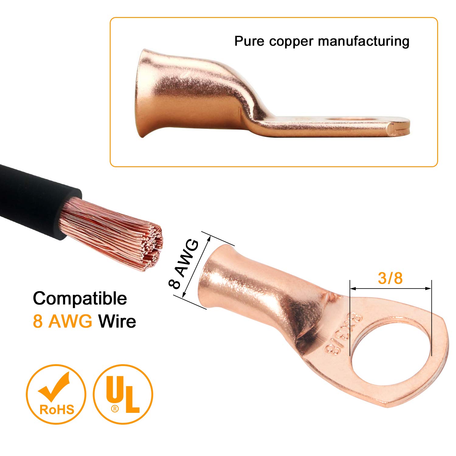 TG4THT-Flared Bell Mouth Barrel Copper Lug 10PCS 8 AWG-3/8"Ring ...
