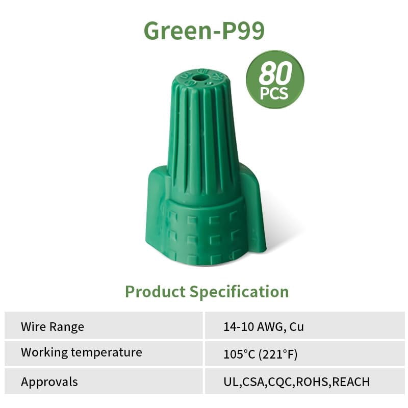 TG4THT-Green Wire Connectors Nuts with Hole, 80 PCs Winged Green Wire ...