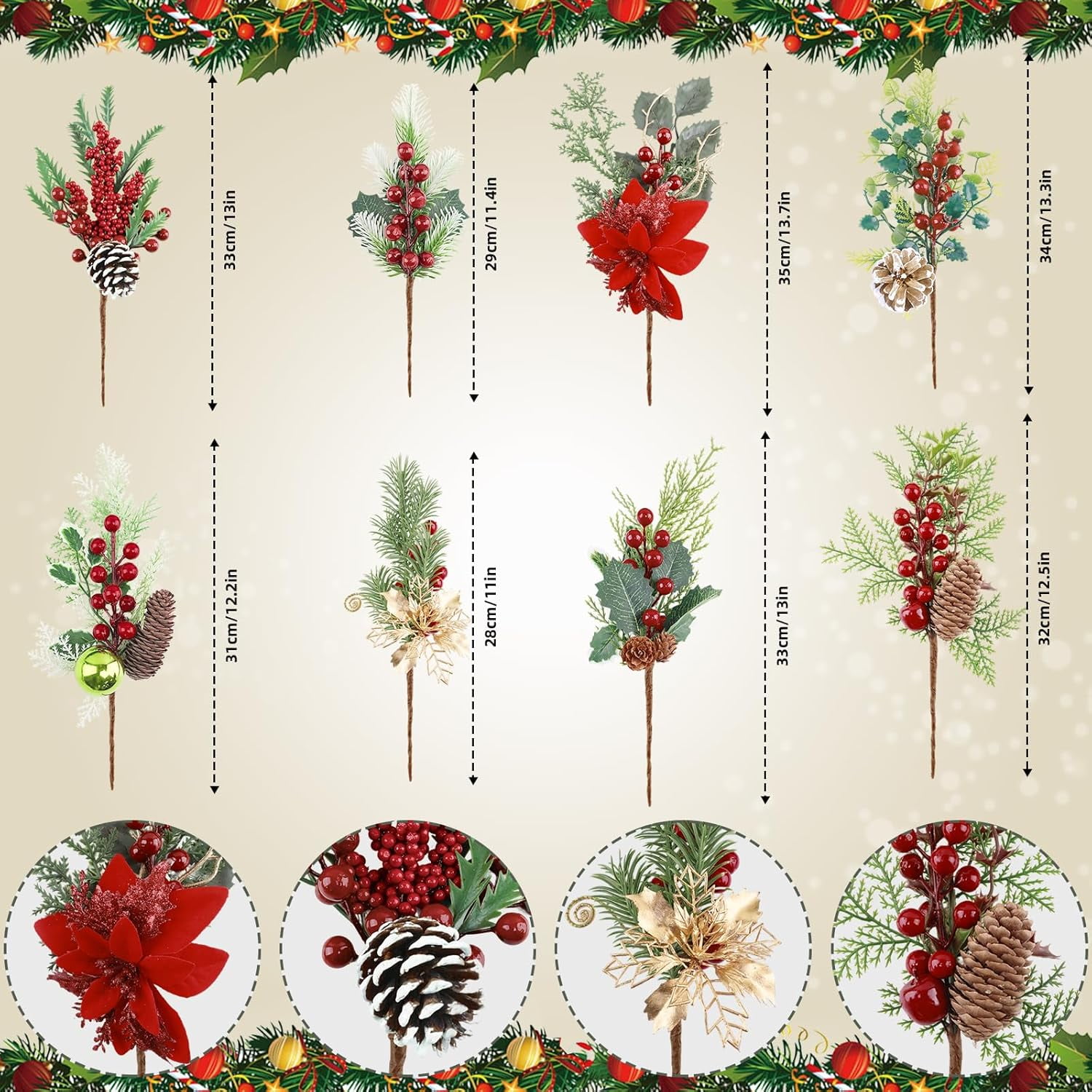 TG4THT-Large Assorted Red Berry Picks Stem 8pcs Artificial Christmas ...
