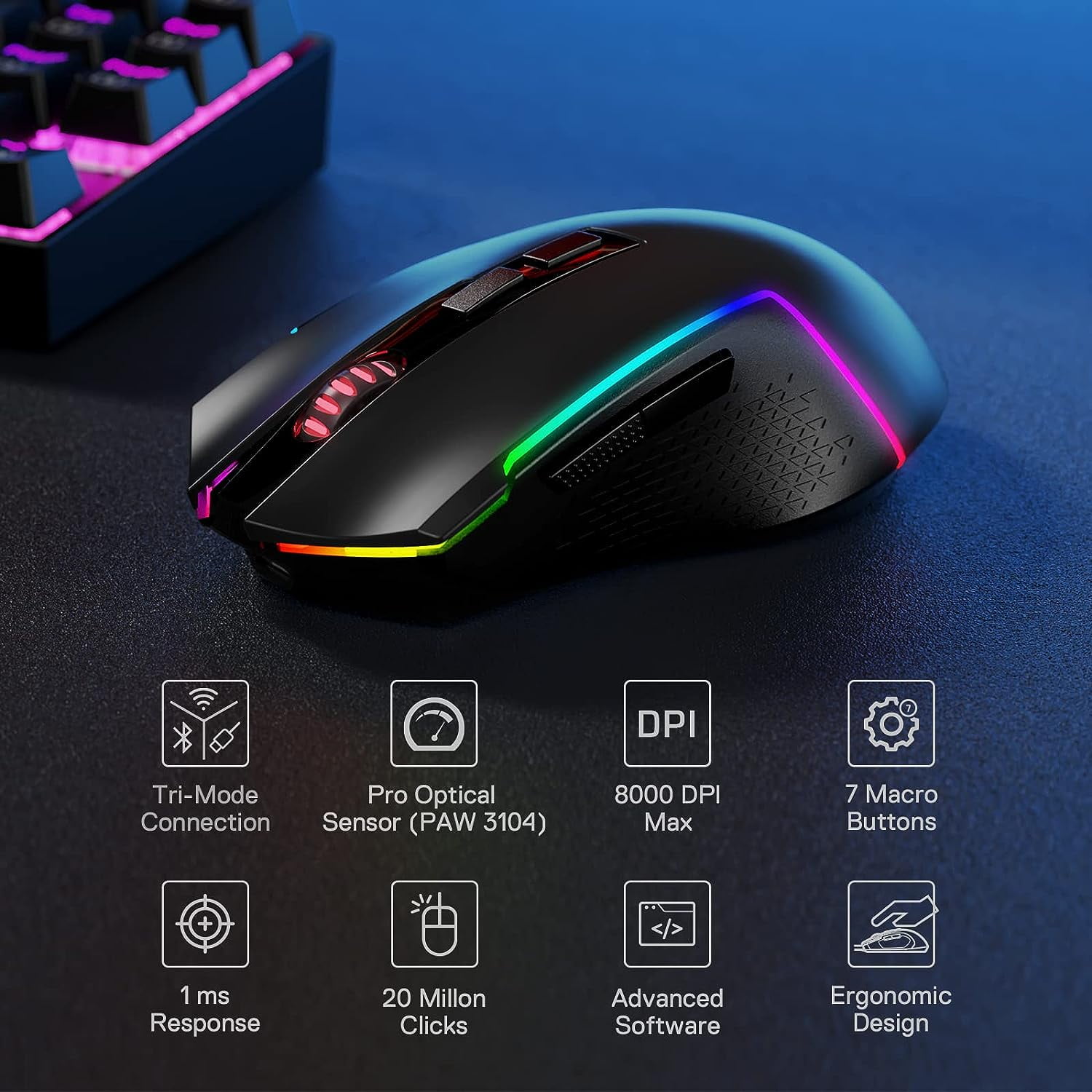 TG4THT-M693 Wireless Gaming Mouse, 8000 DPI Mice w/ 3-Mode Connection ...