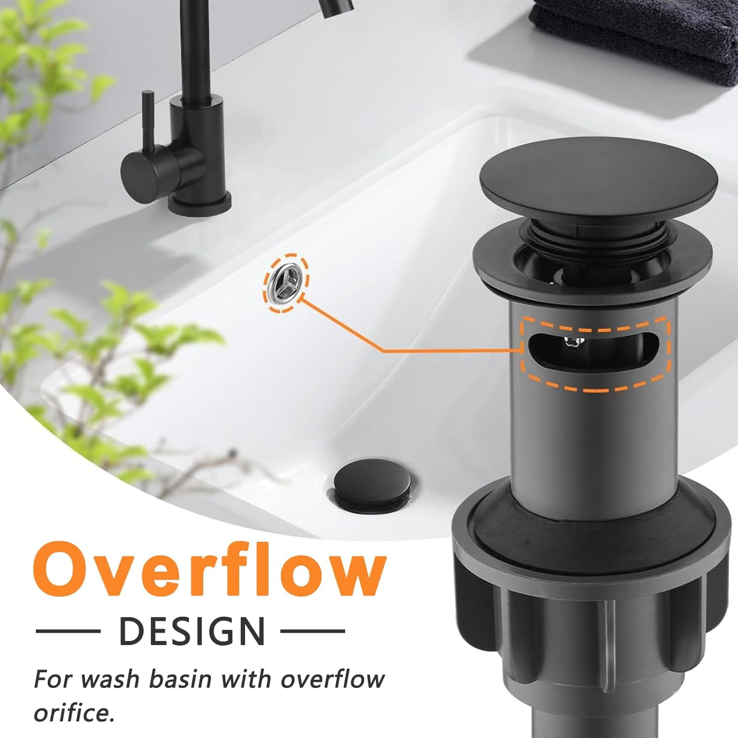 TG4THT-Matte Black ABS Pop Up Sink Drain with Overflow for Bathroom ...