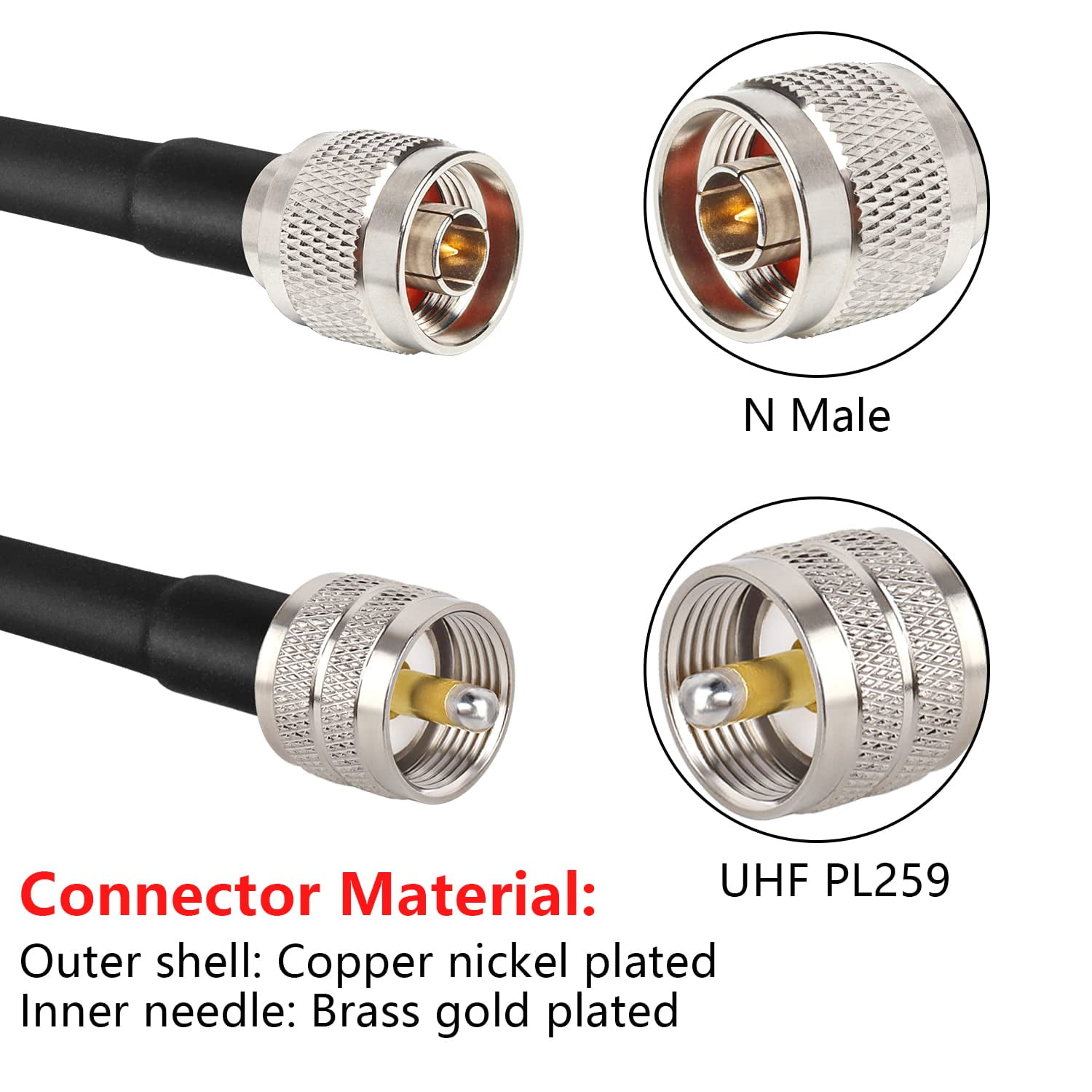 TG4THT-N Male to PL259 UHF 25FT, N-Type to UHF Cable Low Loss RG8X Coax ...