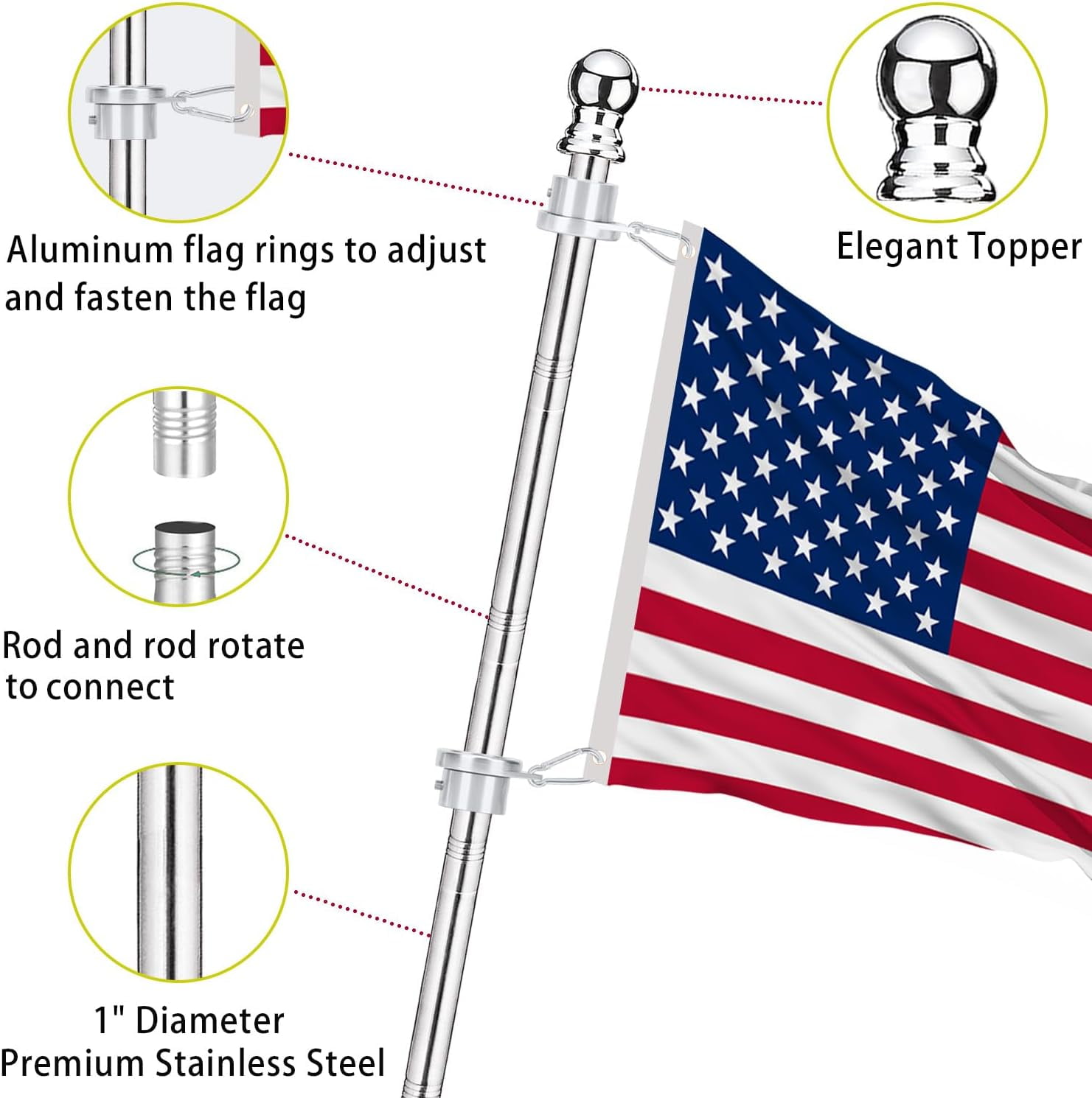 TG4THT-No Tangle Flag Pole, 6ft Flag Pole for Outside House, Stainless ...