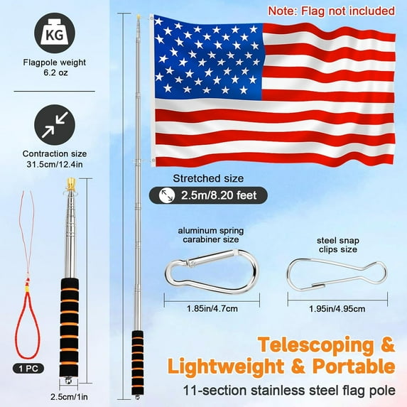 TG4THT-Portable Handheld Flag Pole for Carrying, 8.2Ft/2.5M Stainless ...