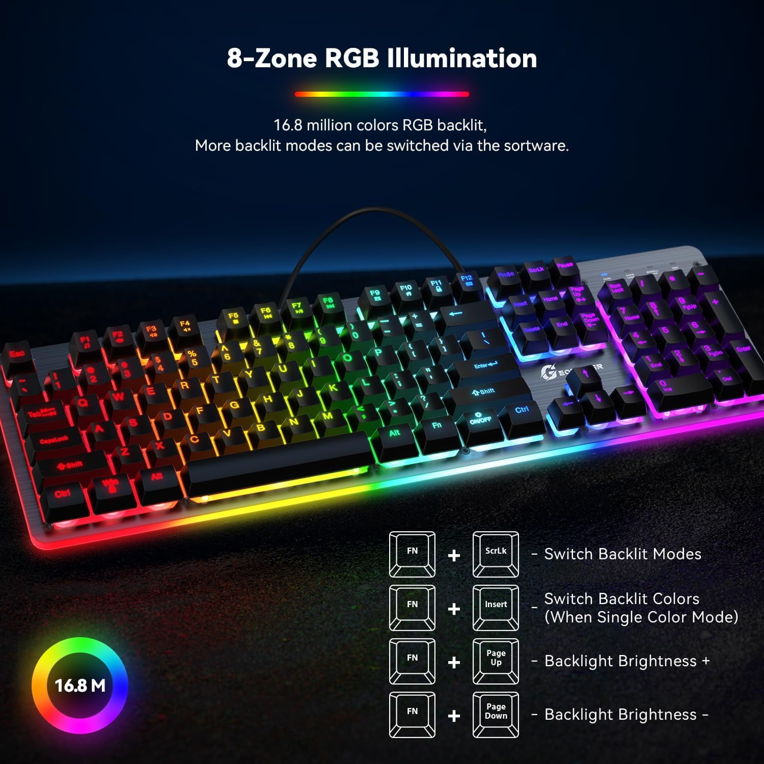 TG4THT-RGB Backlit Wired Gaming Keyboard, 104 Keys, 8-Zone RGB ...
