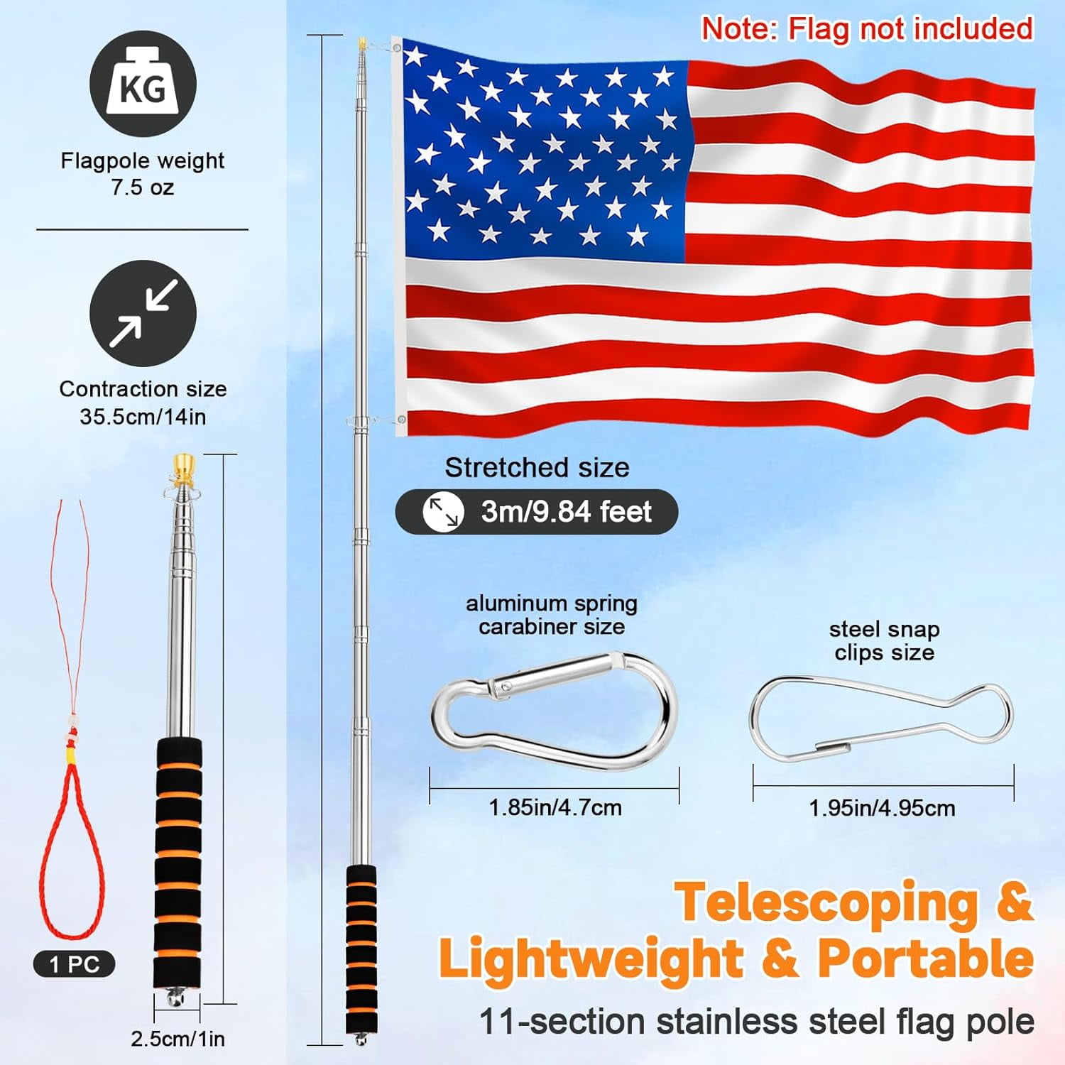 TG4THT-Telescopic Portable Handheld Flag Pole to Carry, 9.8Ft/3M ...