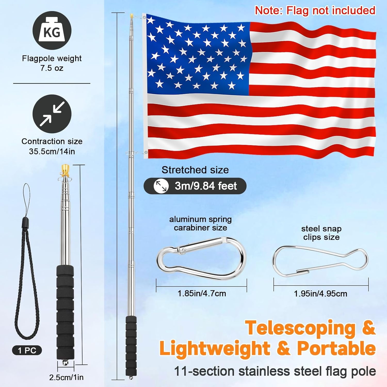 TG4THT-Telescopic Portable Handheld Flag Pole to Carry, 9.8Ft/3M ...