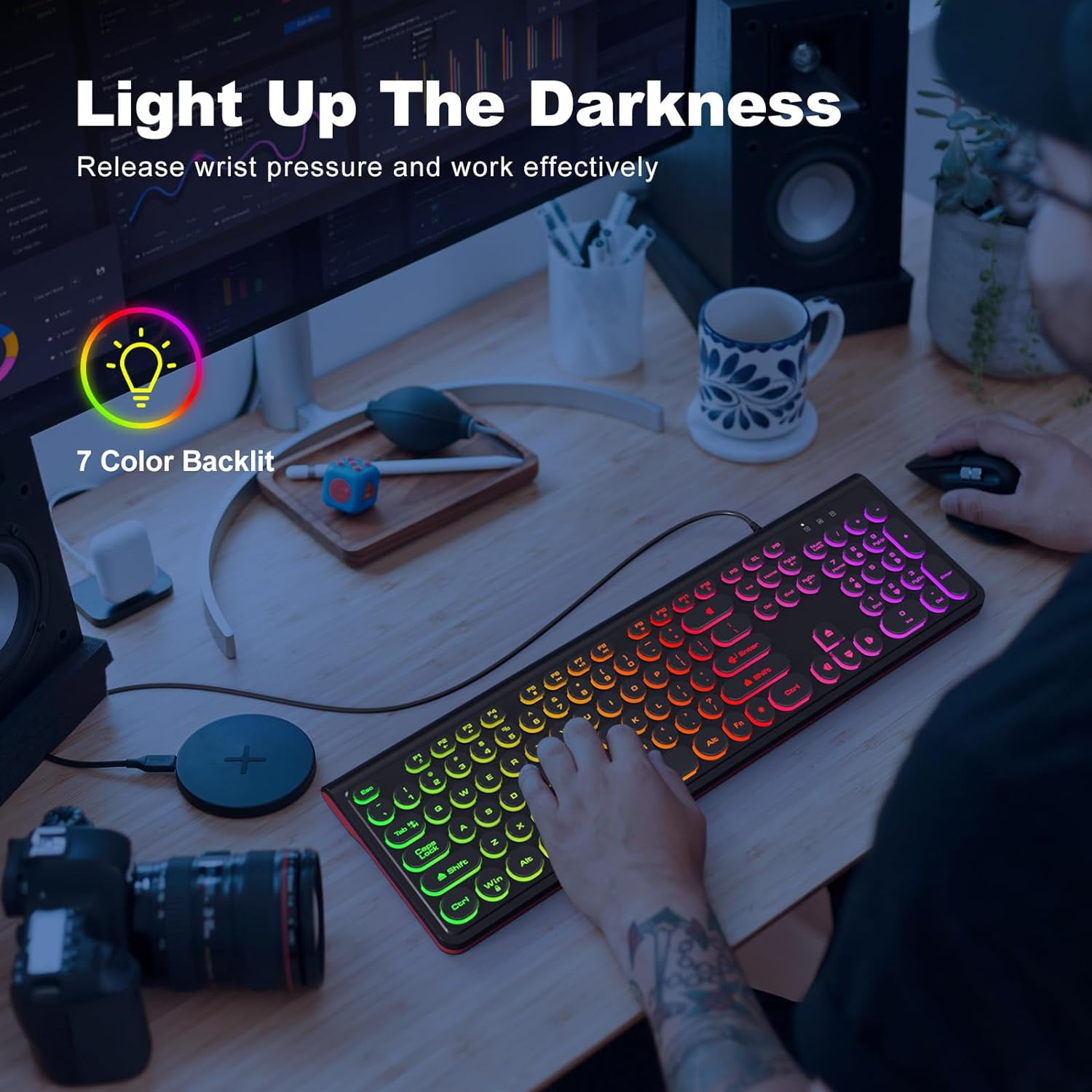 TG4THT-USB Wired Keyboard with Backlit 7-Colors, Full Size Keyboard ...