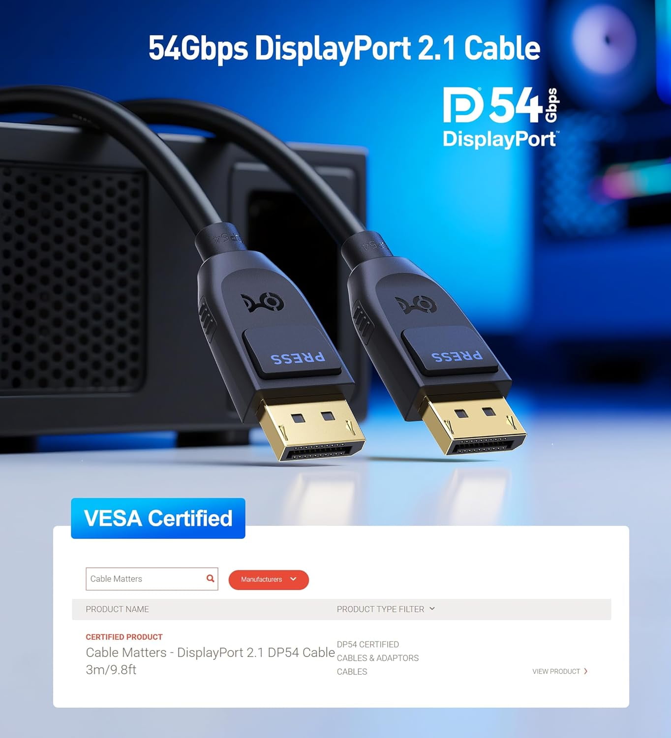 TG4THT-[VESA Certified] 54Gbps DisplayPort 2.1 Cable 3m/9.8ft, DP54 ...