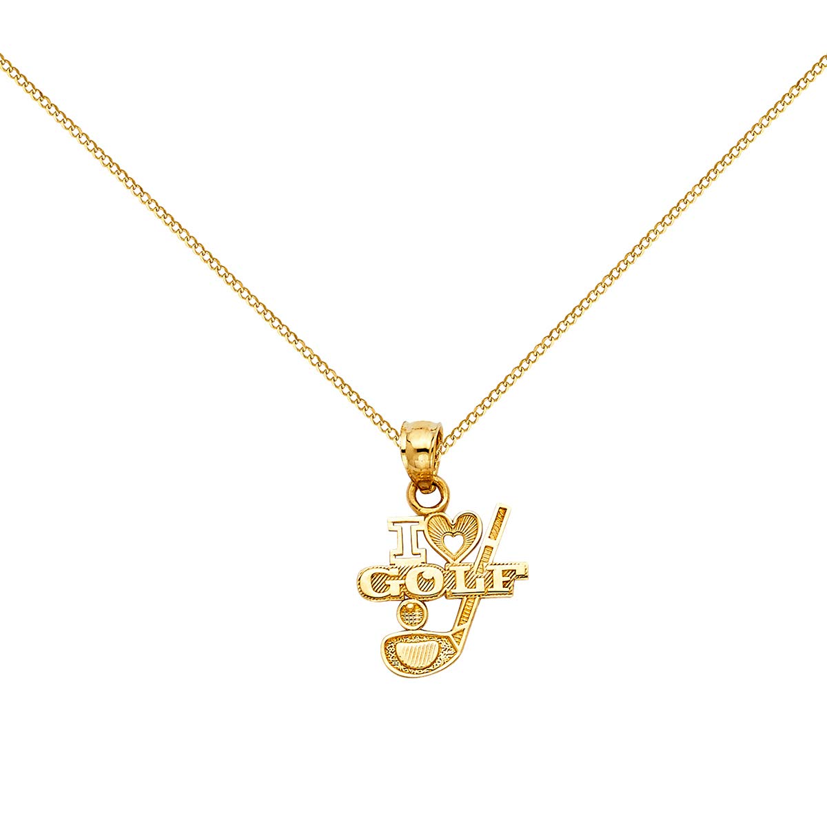 TGDJ 14k Yellow Gold I Love Golf Pendant Charm Necklace with 2.0 mm ...
