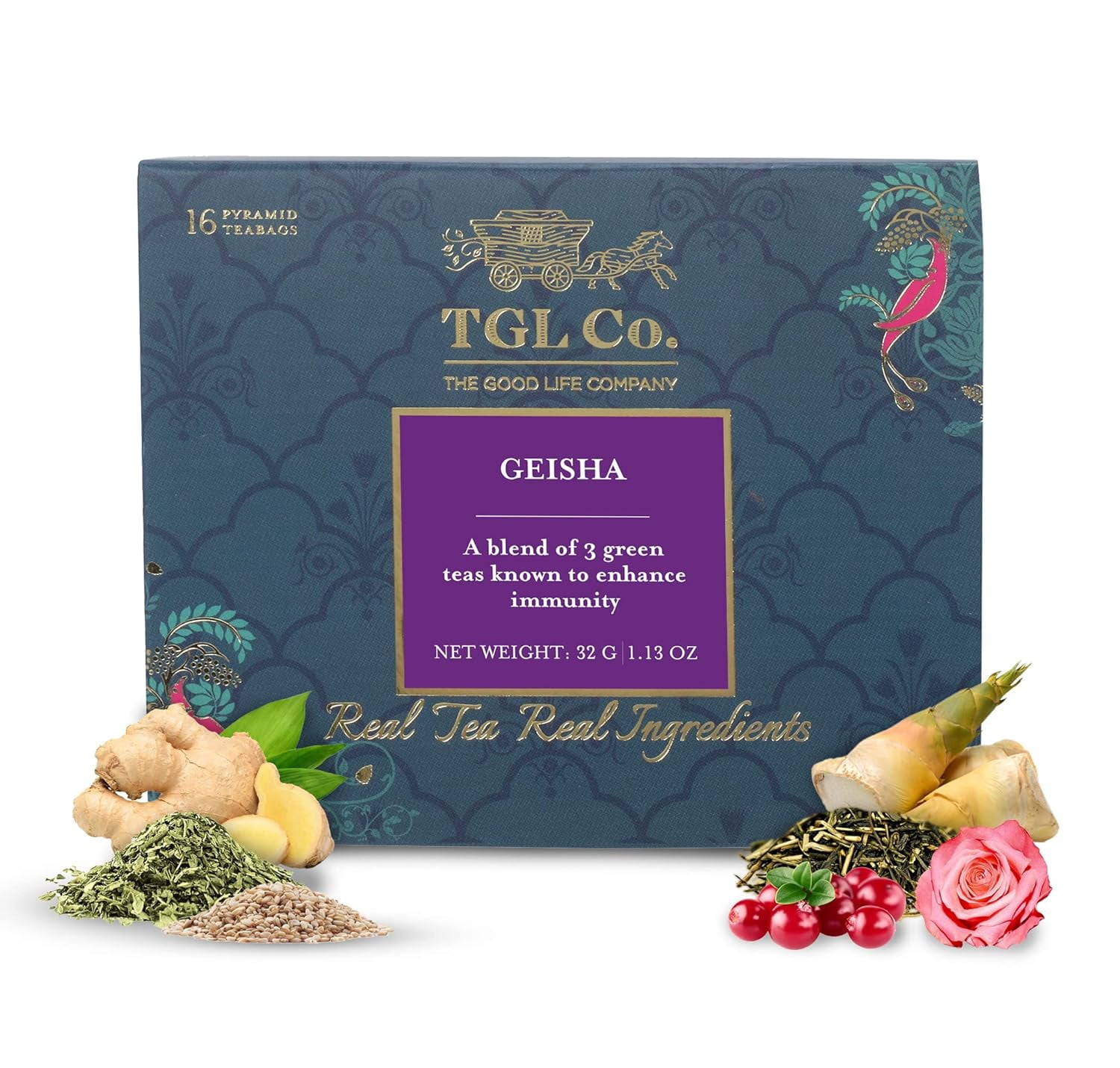 TGL Co. Geisha Green Tea - 32gm, 1.1 Ounce, 16 Pyramid Tea Bags ...