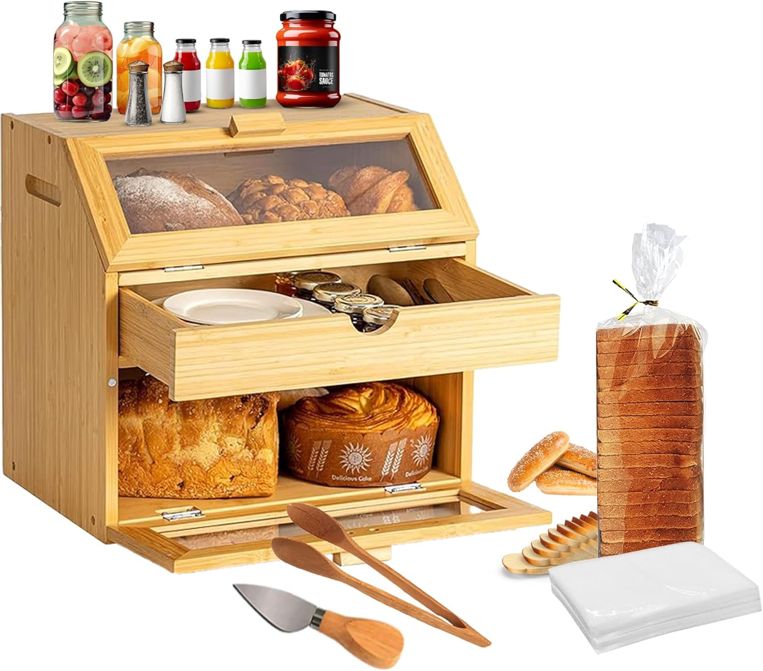 TGLS 3-Layer Bamboo Bread Boxes for Kitchen Counter (Large Capacity ...