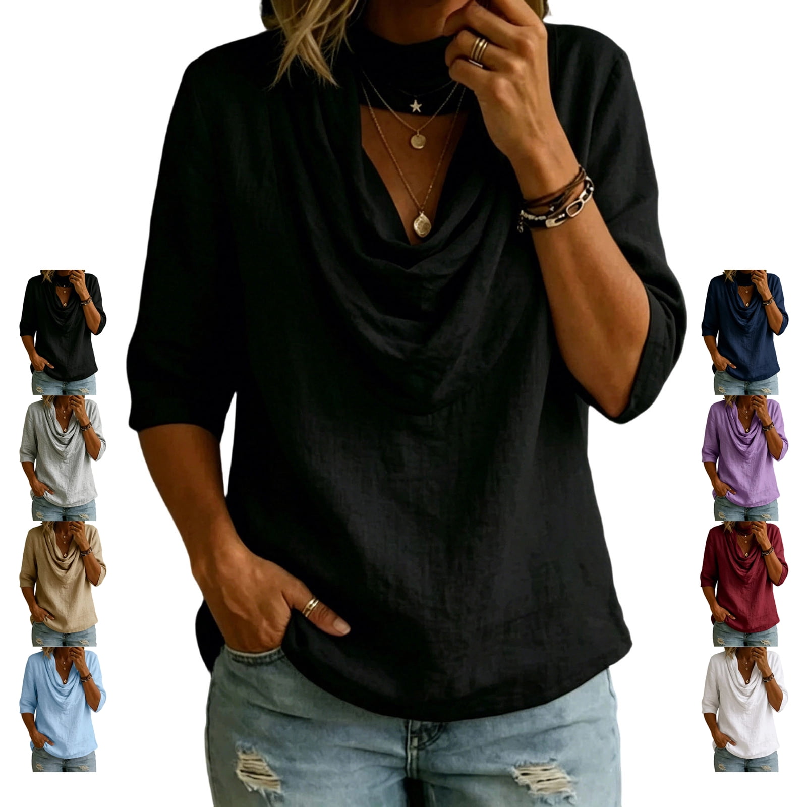 TGSLY Draped Cowl Neck Tops for Women Loose Dressy Casual 3/4 Sleeve ...