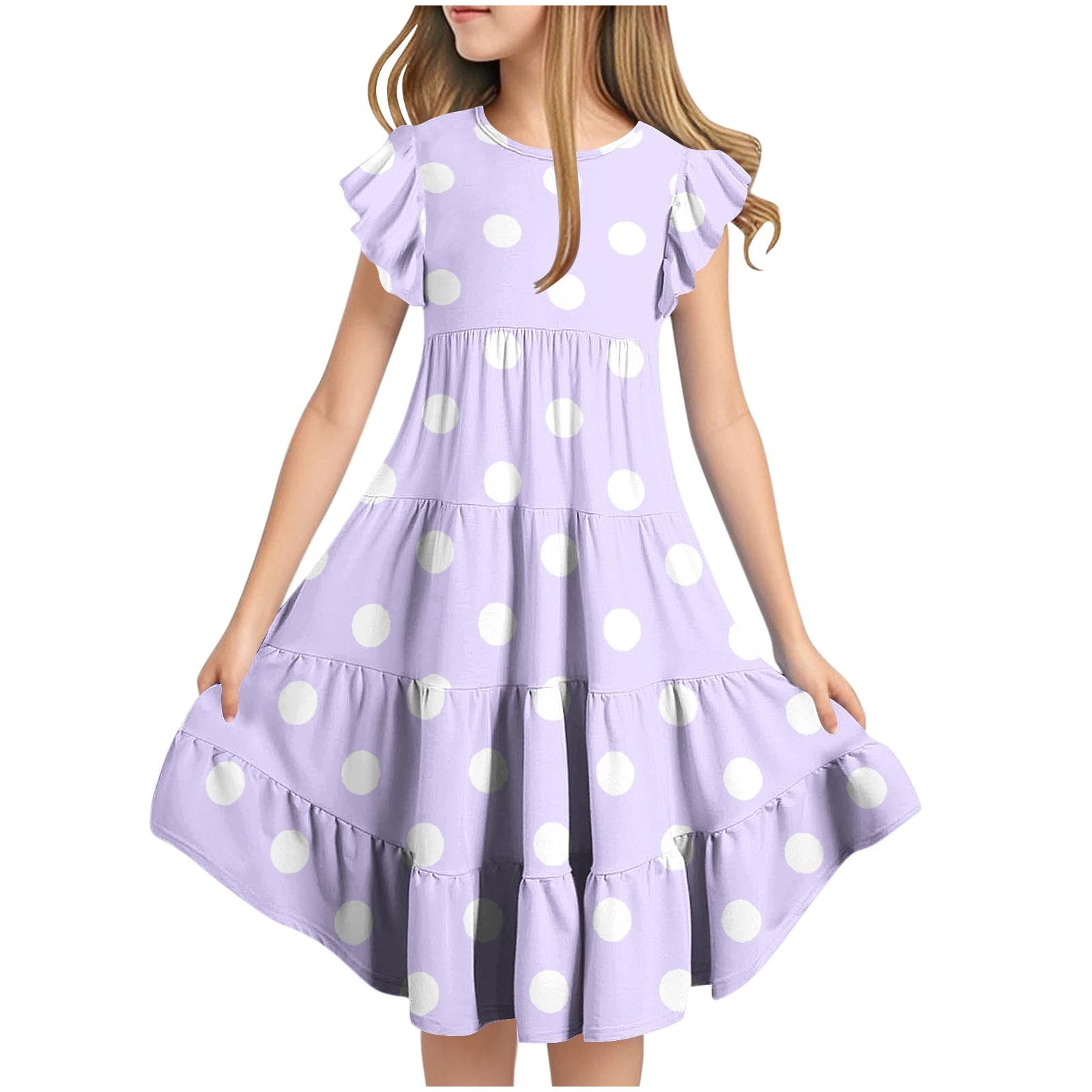 TGSLY Girls Polka Dot Printed Dress Cute Summer Tween Boho Flutter Sleeve Tiered A Line Beach ...