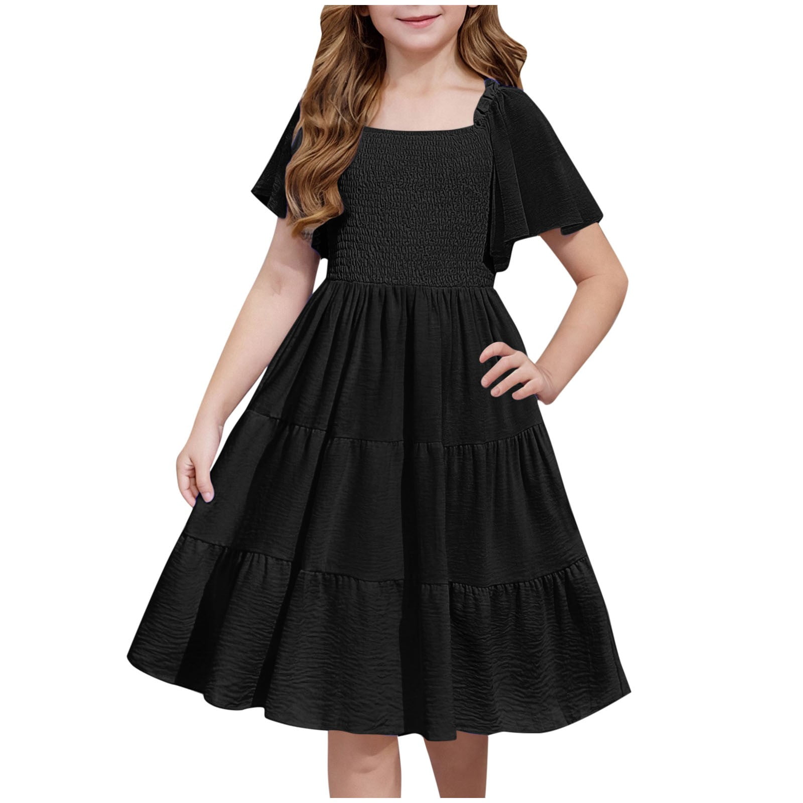 TGSLY Girls Summer Dress Tween Boho Casual Smocked Swing Flowy Ruffle ...