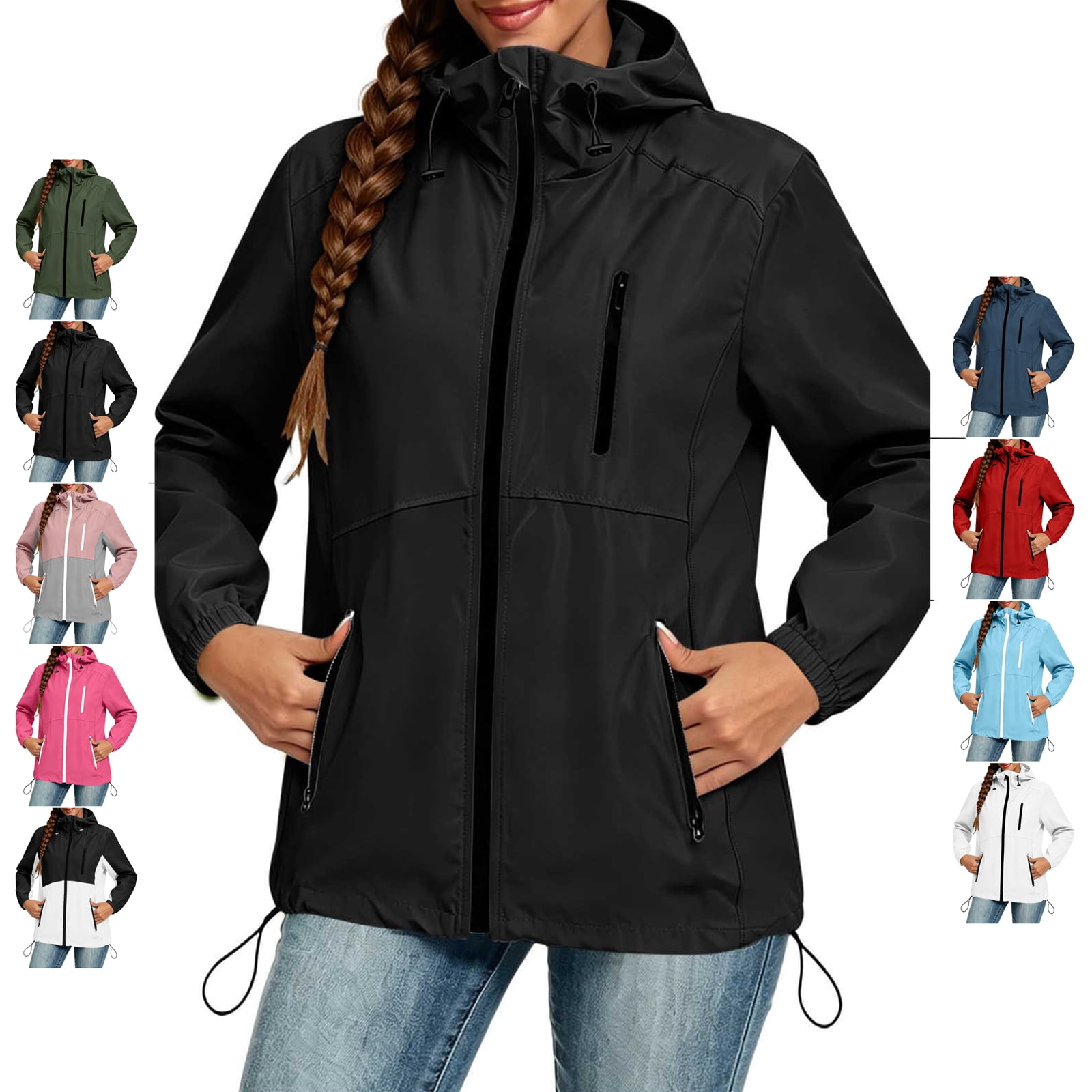 TGSLY Hooded Rain Jacket Tops for Women Full-Zip Long Sleeve Solid ...