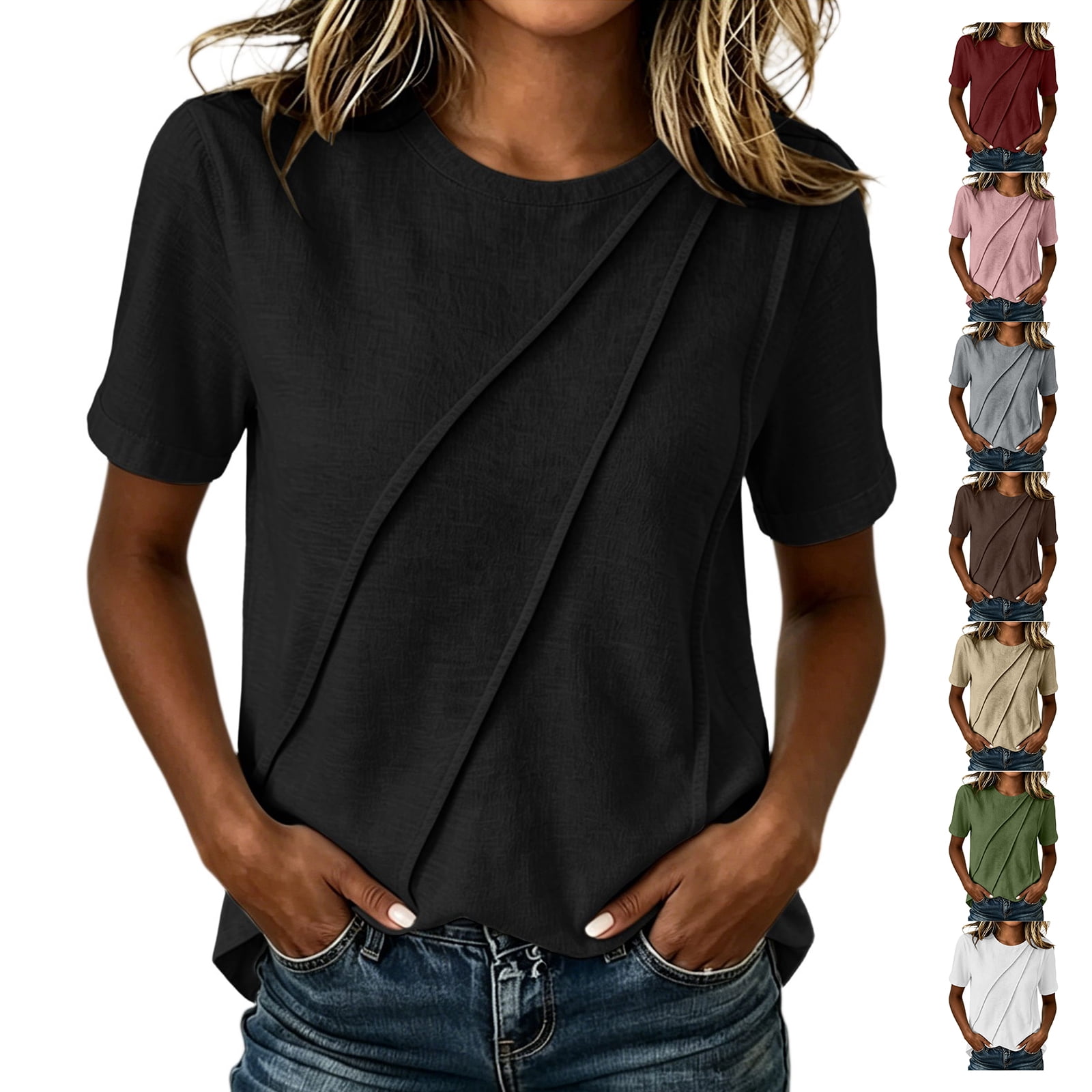 TGSLY Linen Short Sleeve Tops for Women Lightweigh Thin Crew Neck T ...