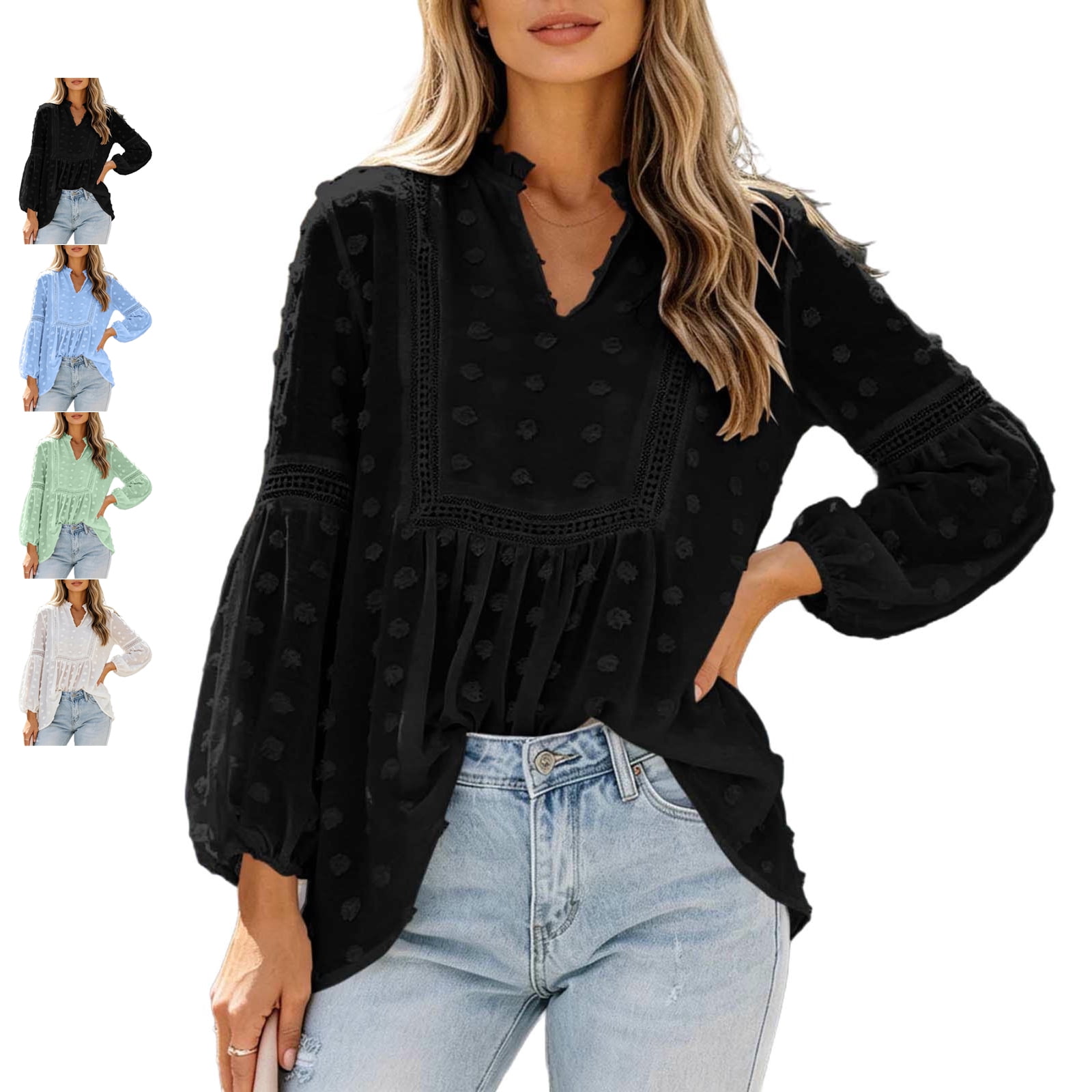 TGSLY Puff Long Sleeve Tops for Women Lightweight Front Eyelet Lace ...