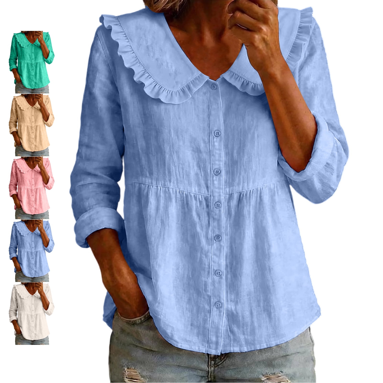 TGSLY Ruffled Peter Pan Collar Tops for Women Lightweight Full Button ...