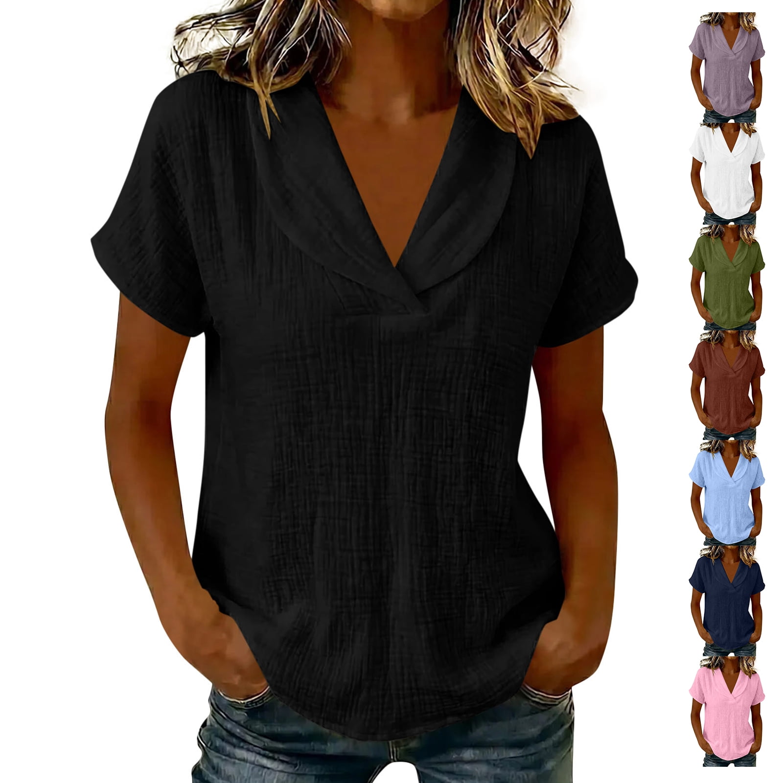 TGSLY Shawl Collar V Neck Tops for Women Lightweight Soft Short Sleeve ...