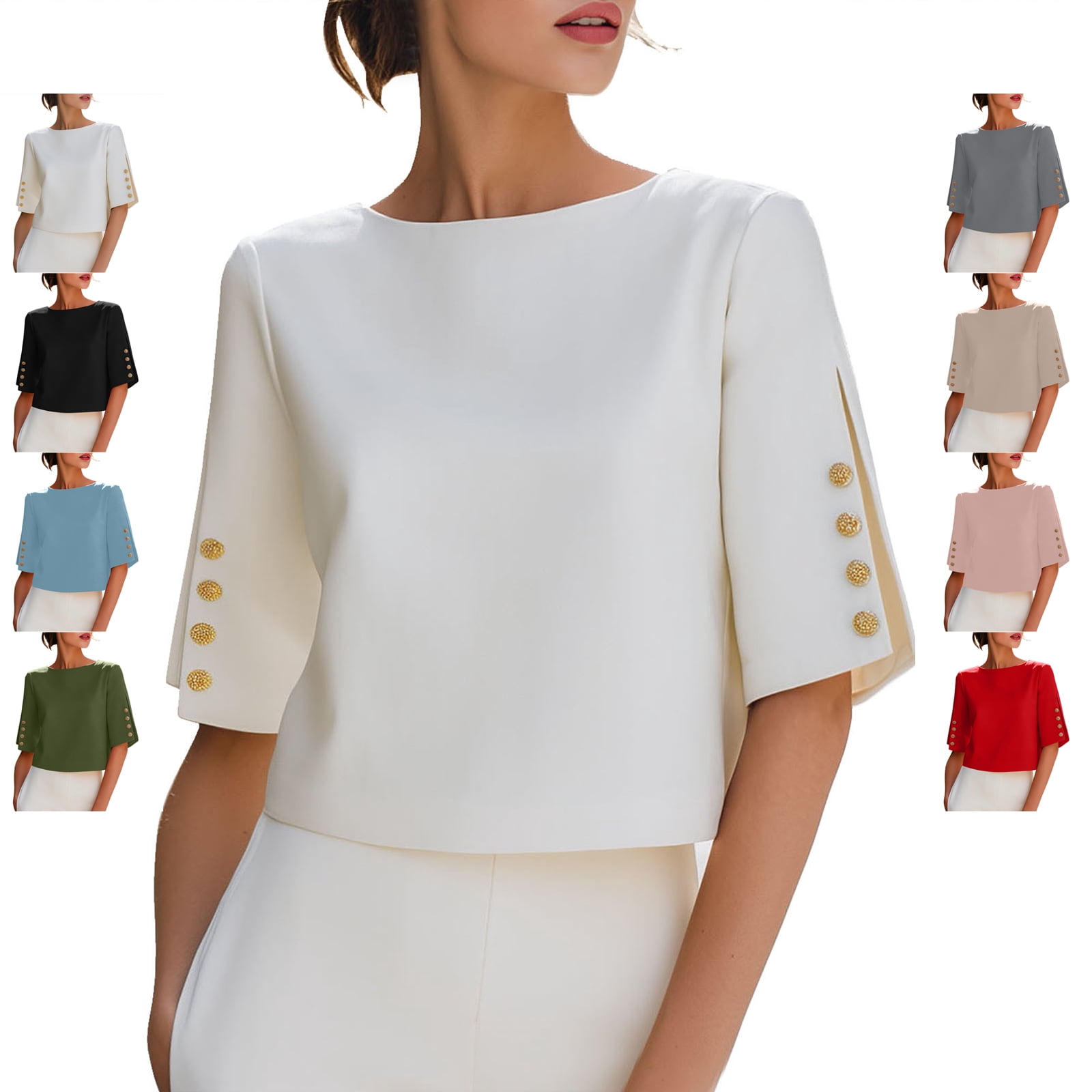 TGSLY Slit Half Sleeve Tops for Women Lightweight Boat Neck Decorative ...
