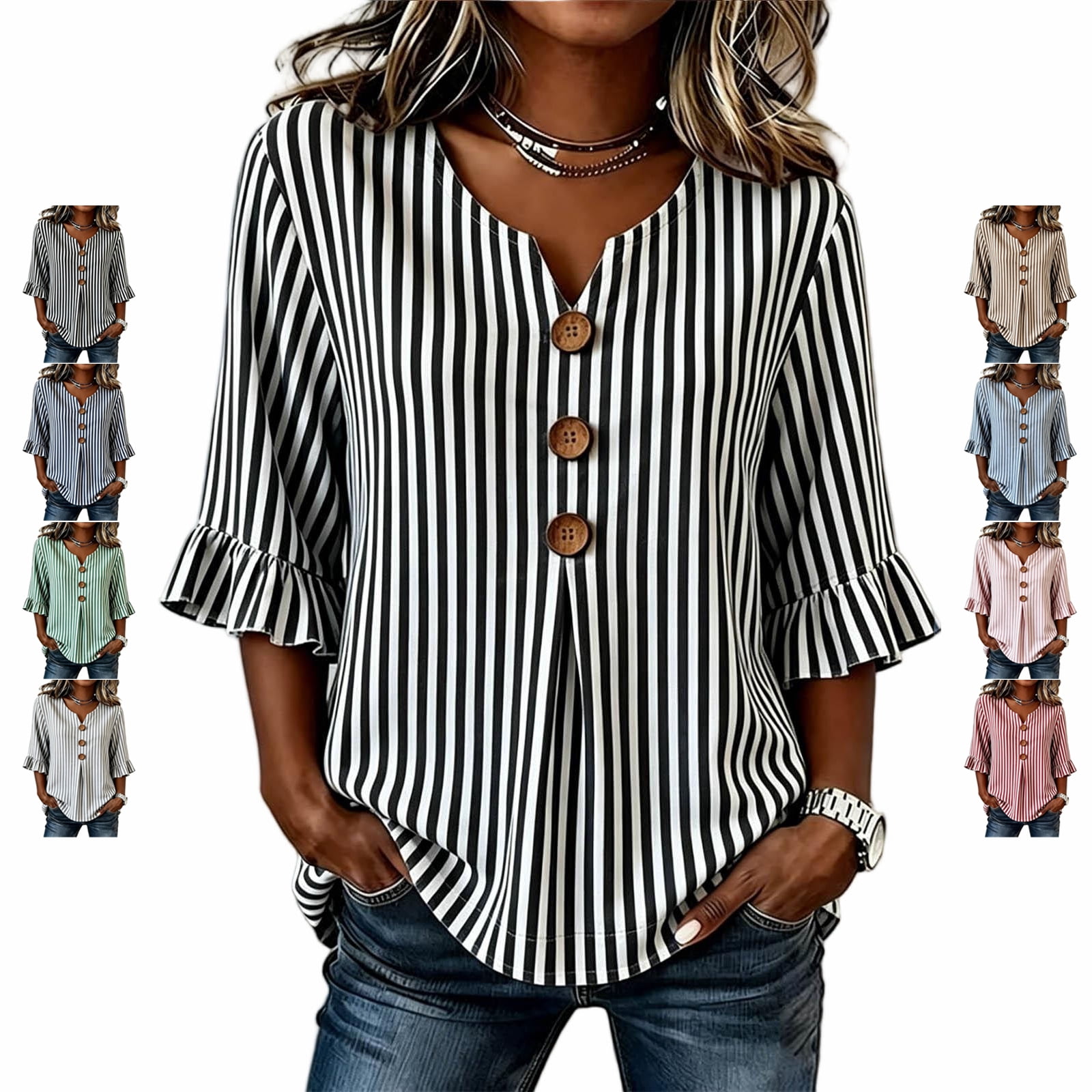 TGSLY Striped Tops for Women Trendy Casual Notched V Neck 3/4 Ruffle ...