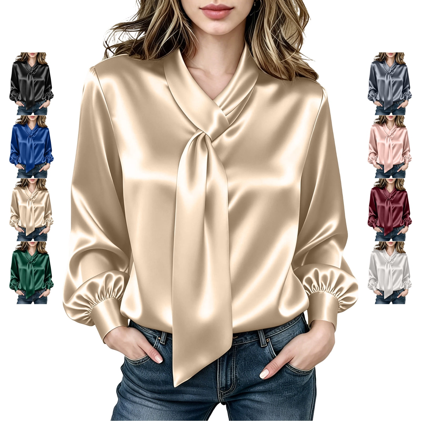 TGSLY Tie Knot V Neck Satin Tops for Women Lightweight Thin Puff Long ...