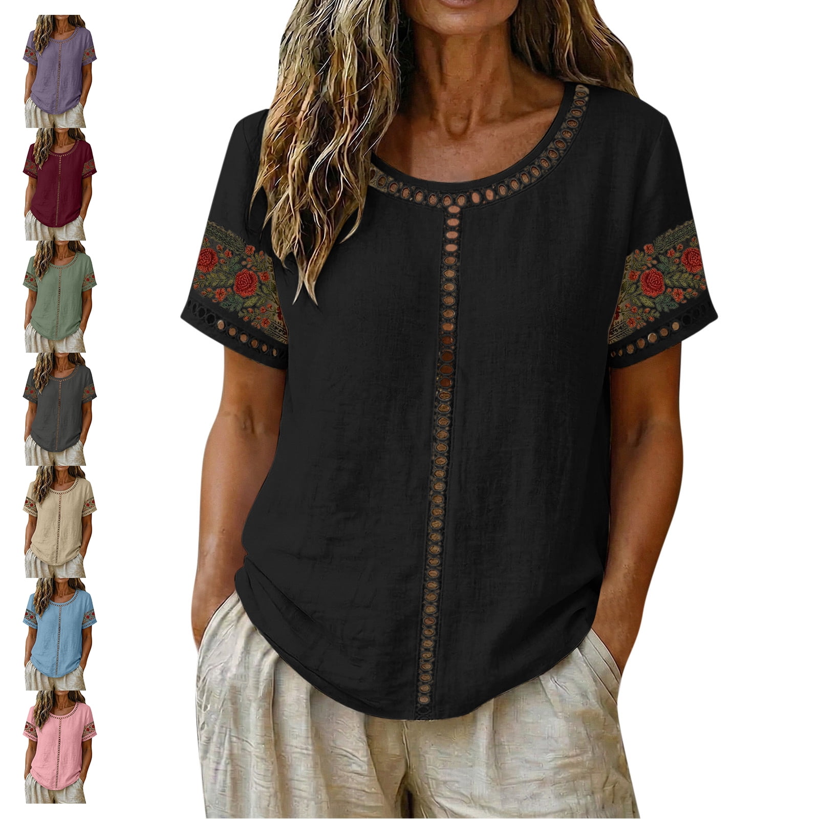 TGSLY Women's Floral Embroidery Tops Lightweigh Thin Casual Lace Trim ...