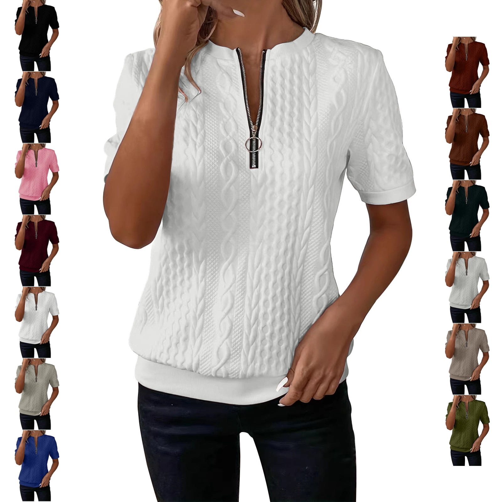 TGSLY Women's O-Ring Half Zip Tops Lightweight Casual Crew Neck Solid ...