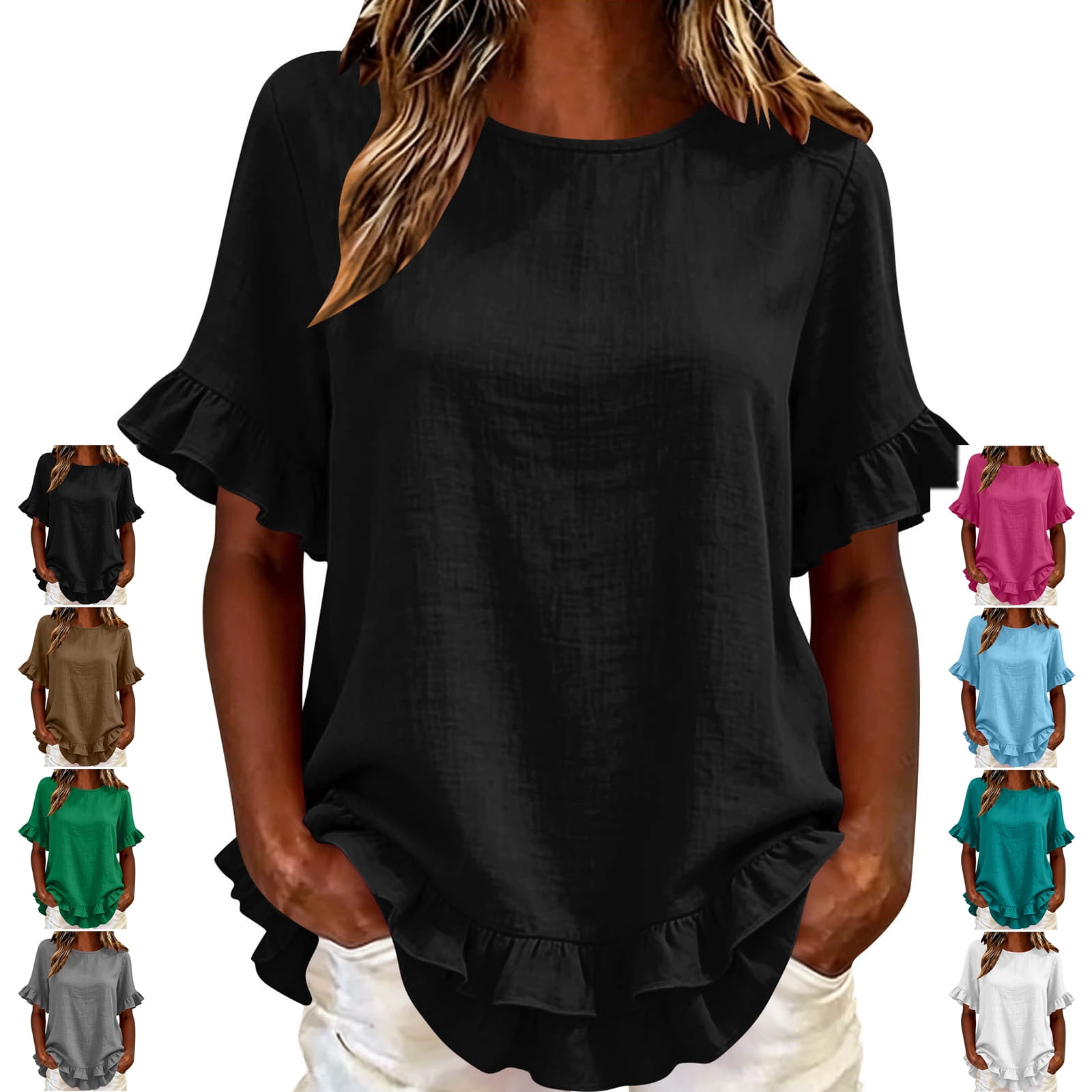 TGSLY Women's Short Ruffle Sleeve Tops Lightweight Thin Crew Neck Solid ...