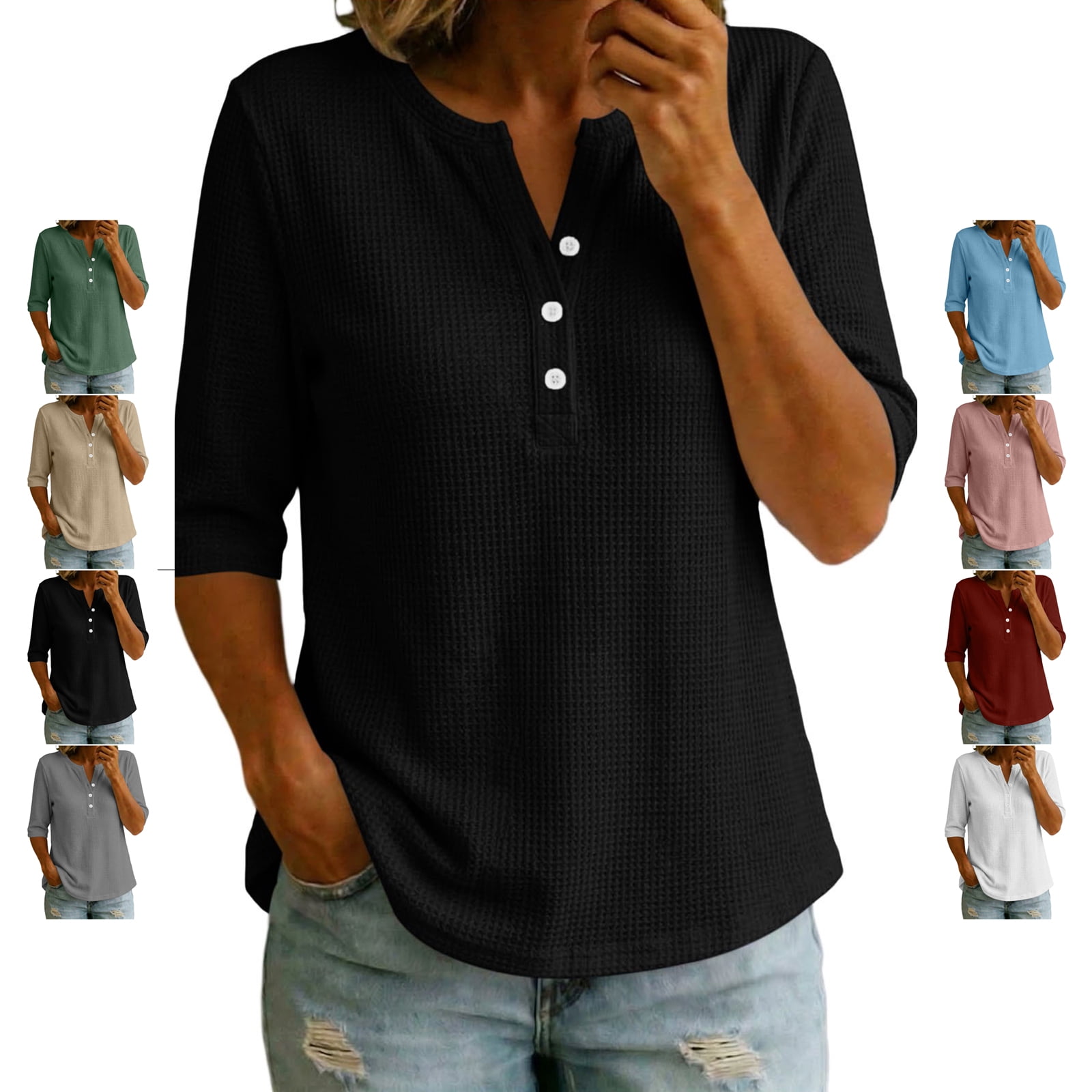 TGSLY Women's Waffle Tops Lightweight Soft V Neck Half Button Down ...