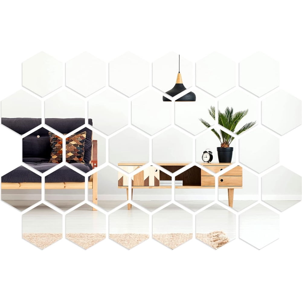TGY Hexagon Acrylic Mirror,32 Pcs Removable Silver Mirror Wall Stickers ...