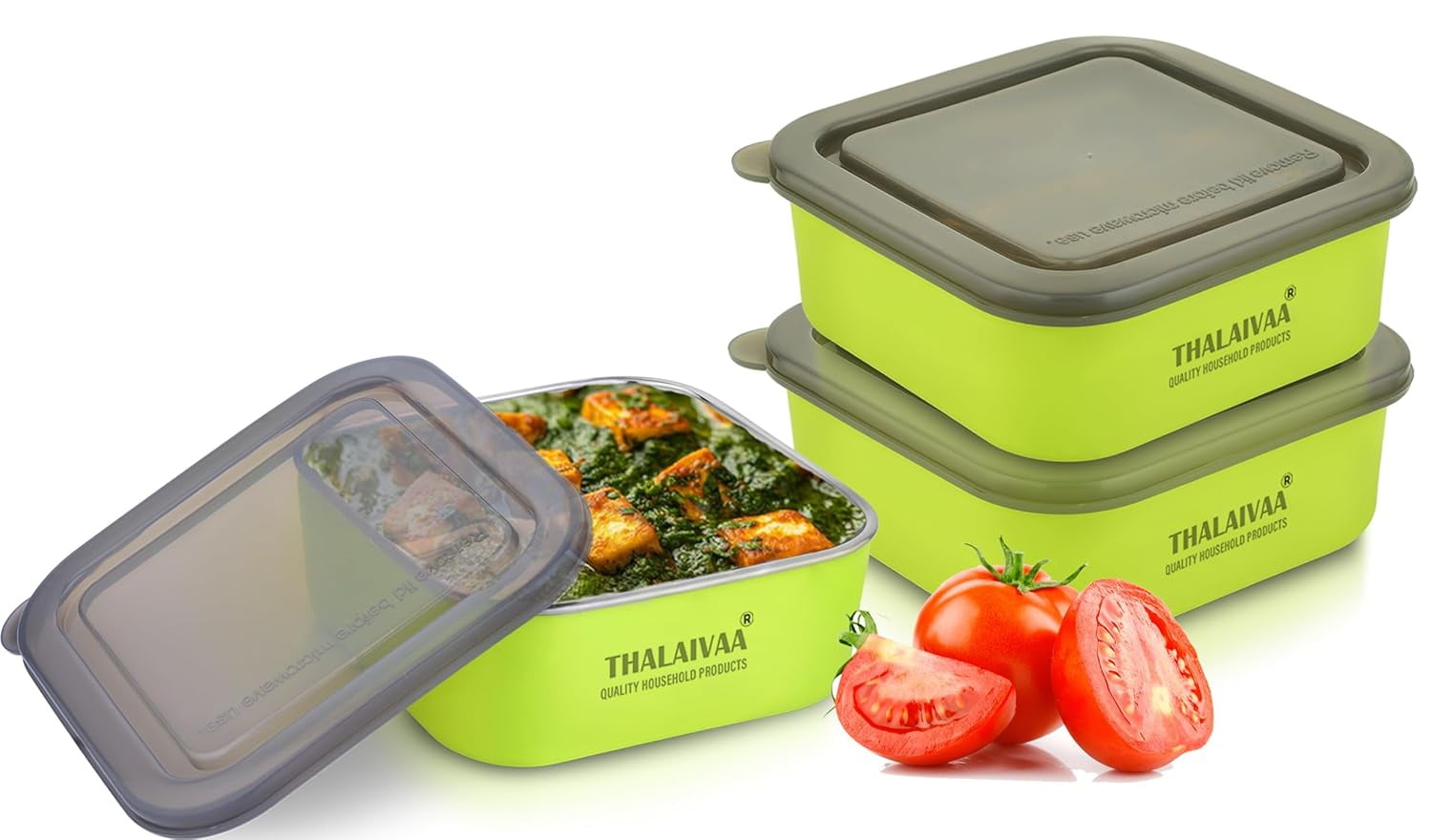 THALAIVAA Stainless Steel Microwave Safe Containers For Kitchen Set Of 3 Pcs 600 ML Each Green ...