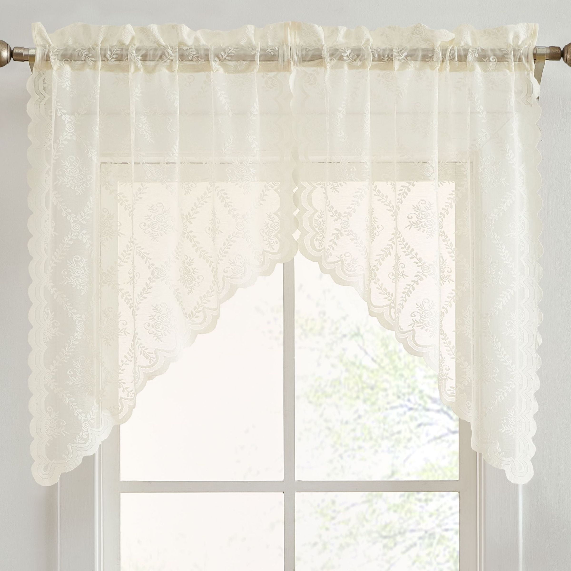 THD Bella Floral Rod Pocket Lace Short Cafe Swags for Small Windows ...