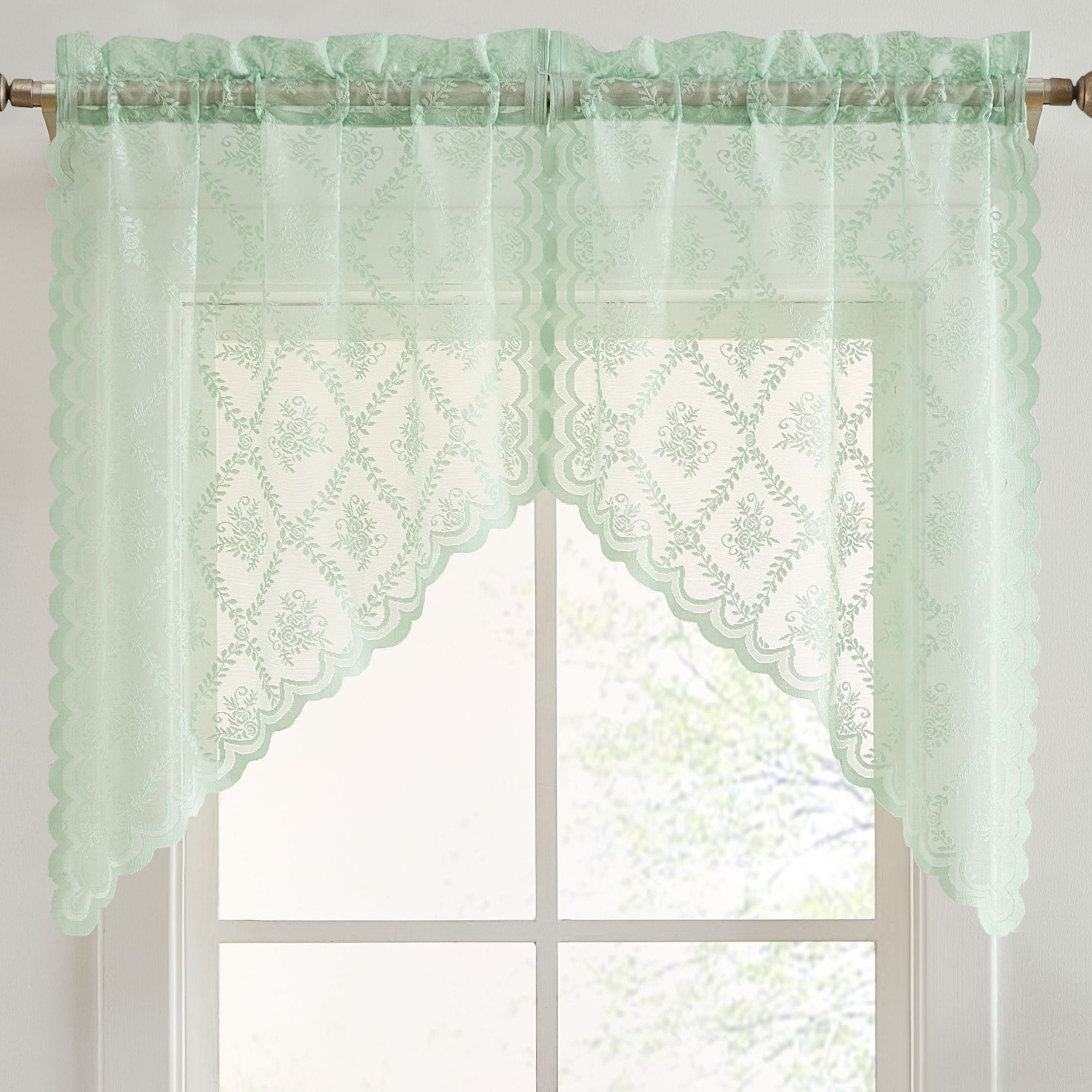 THD Bella Floral Rod Pocket Lace Short Cafe Swags for Small Windows ...