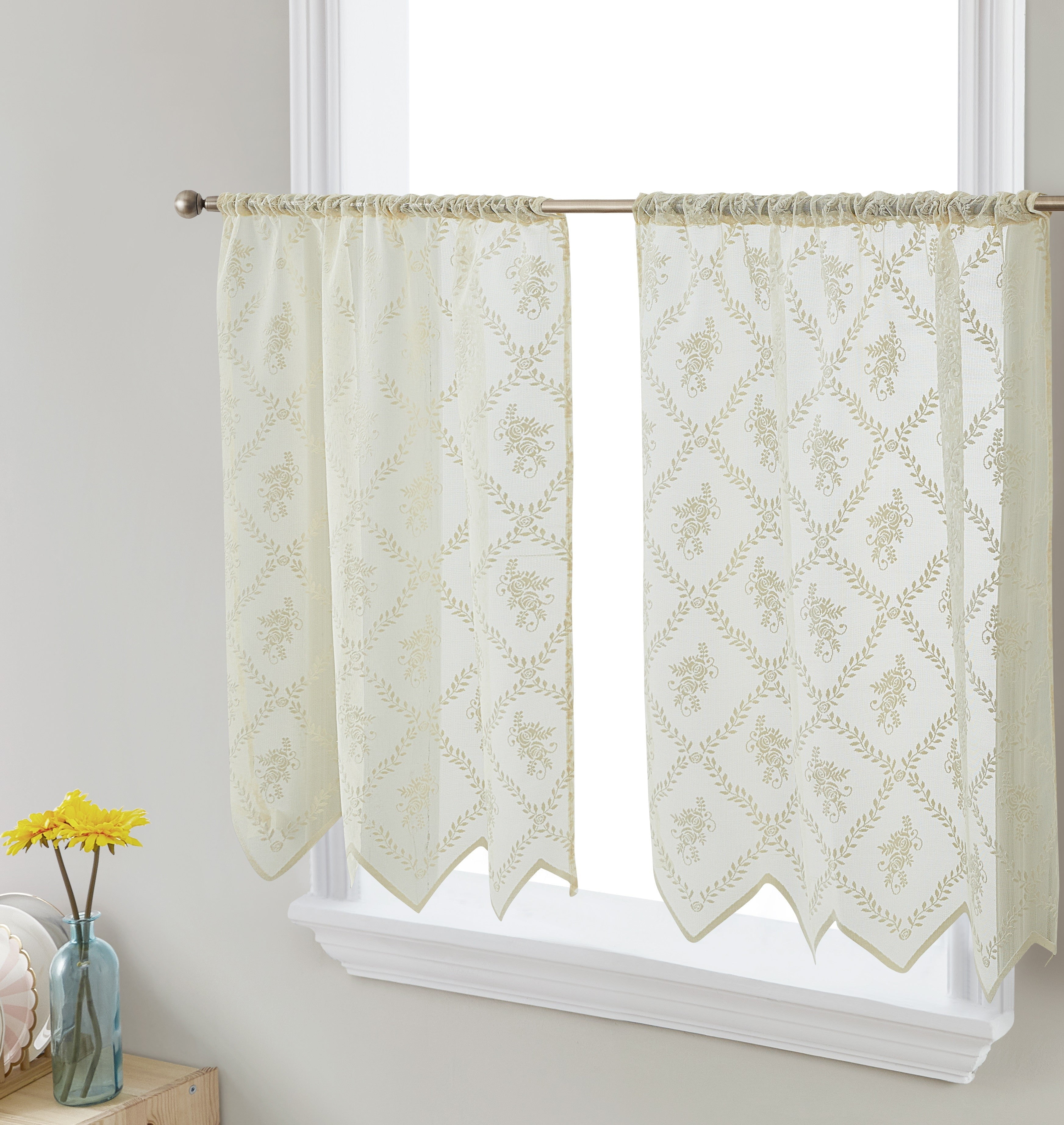 THD Bella Floral Sheer Rod Pocket Kitchen Cafe Tier Panels 28 inches ...