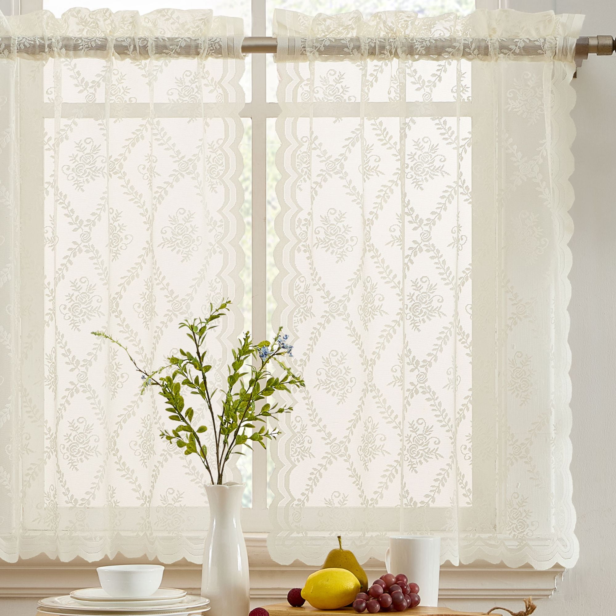 THD Bella Floral Sheer Rod Pocket Kitchen Cafe Tier Panels 28 inches ...