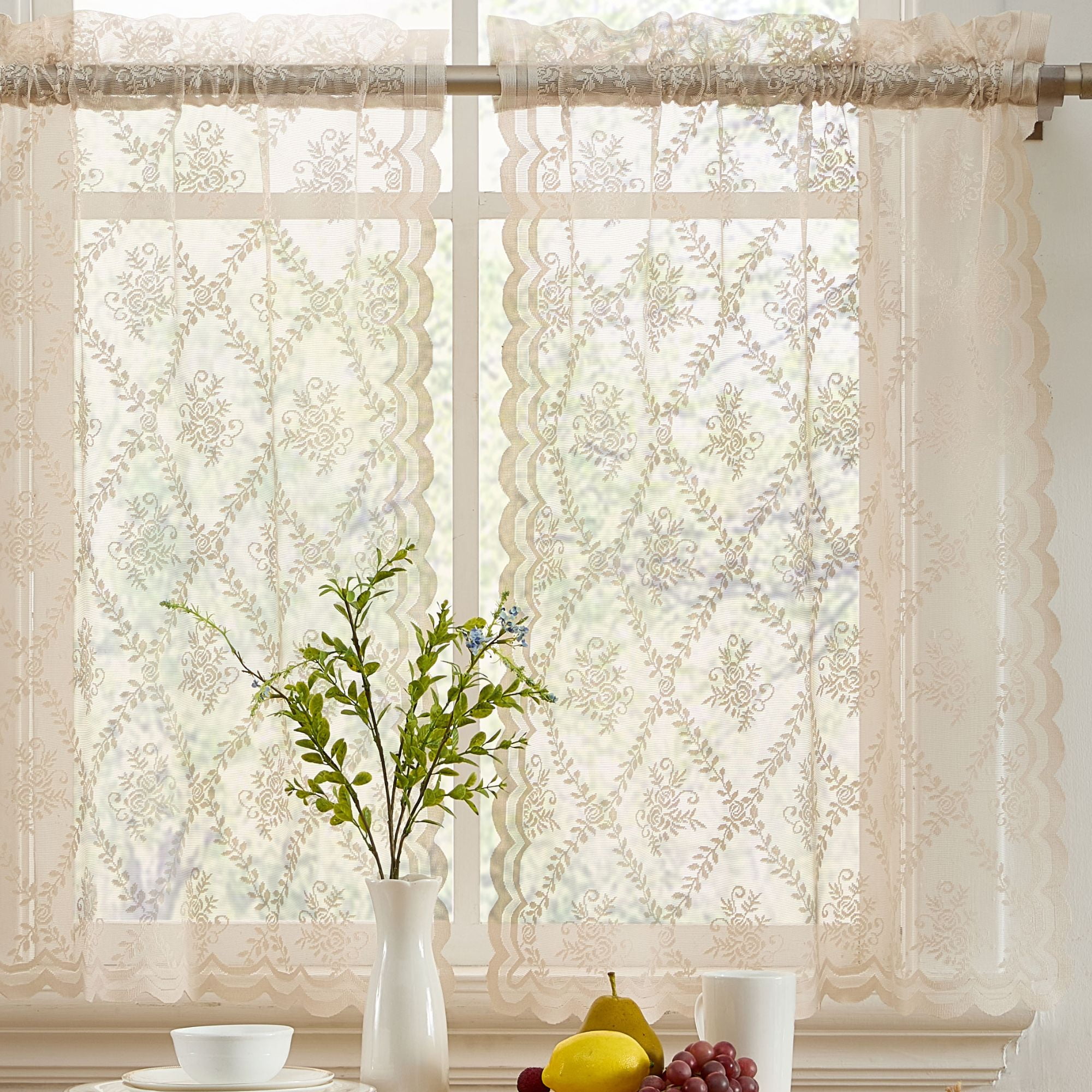 THD Bella Floral Sheer Rod Pocket Kitchen Cafe Tier Panels 28 inches ...