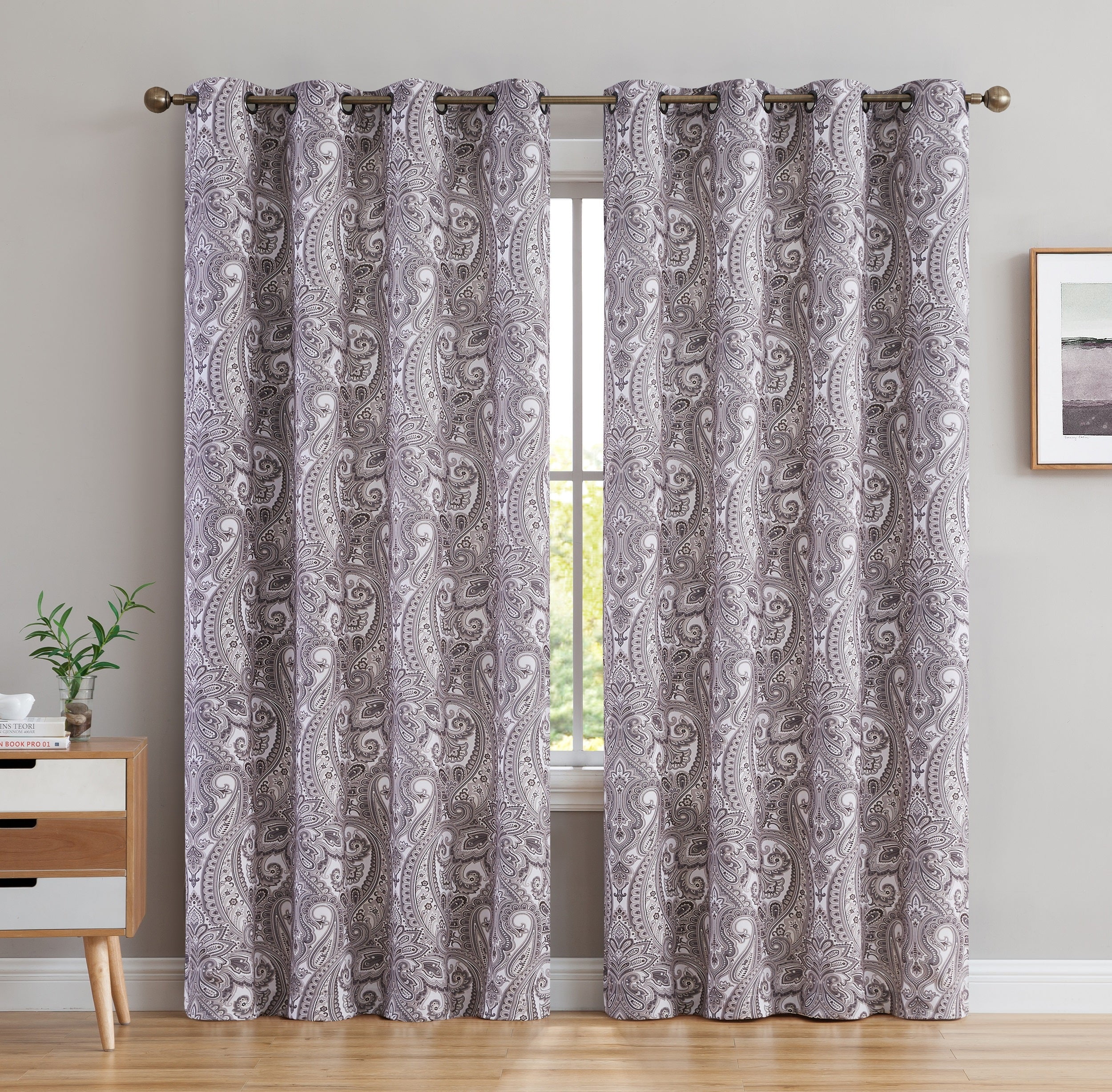 THD France Paisley Print Damask Energy Efficient Room Darkening Grommet Window Curtain Panels ...