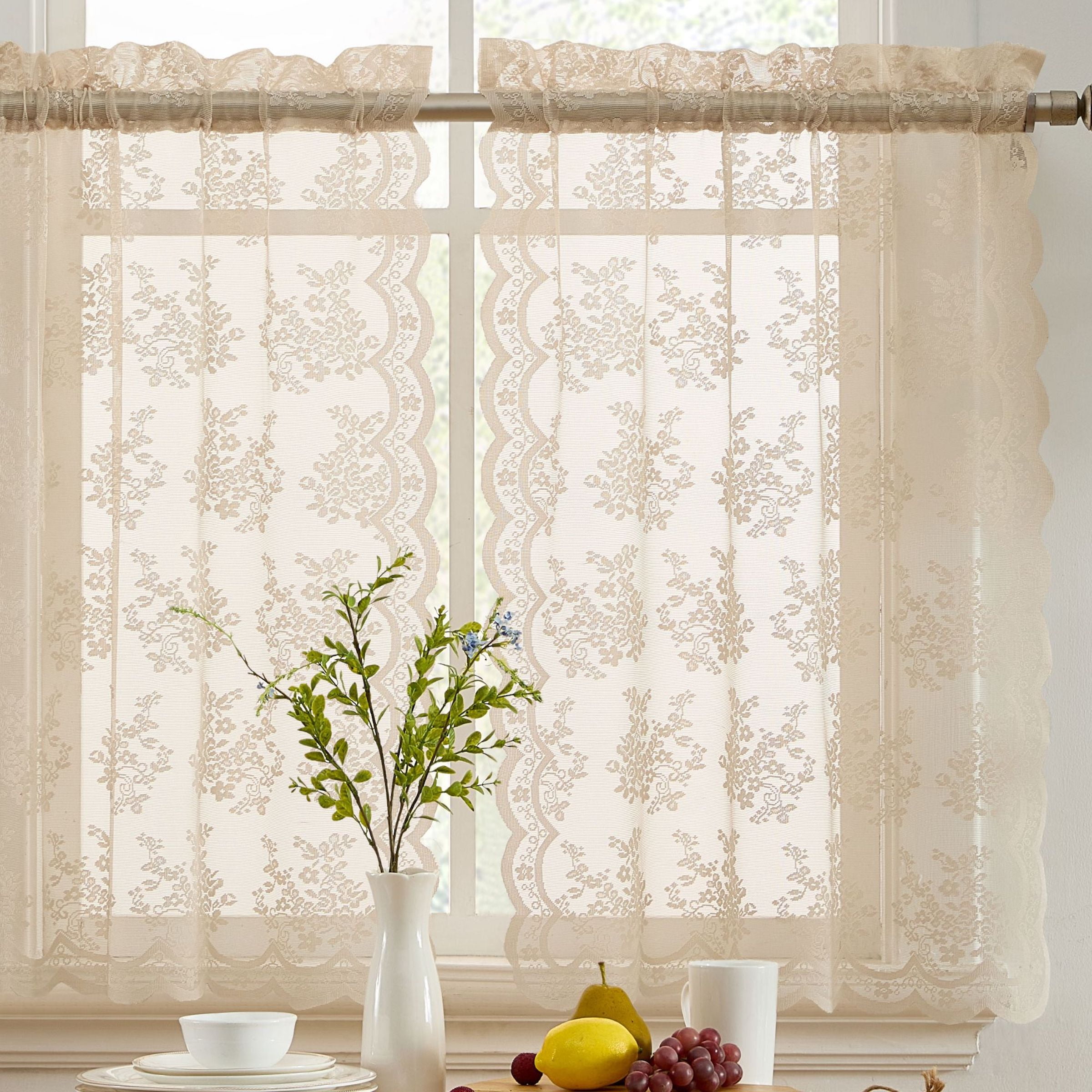 THD Joelle Floral Rod Pocket Lace Semi Sheer Voile Short Cafe Tiers for ...