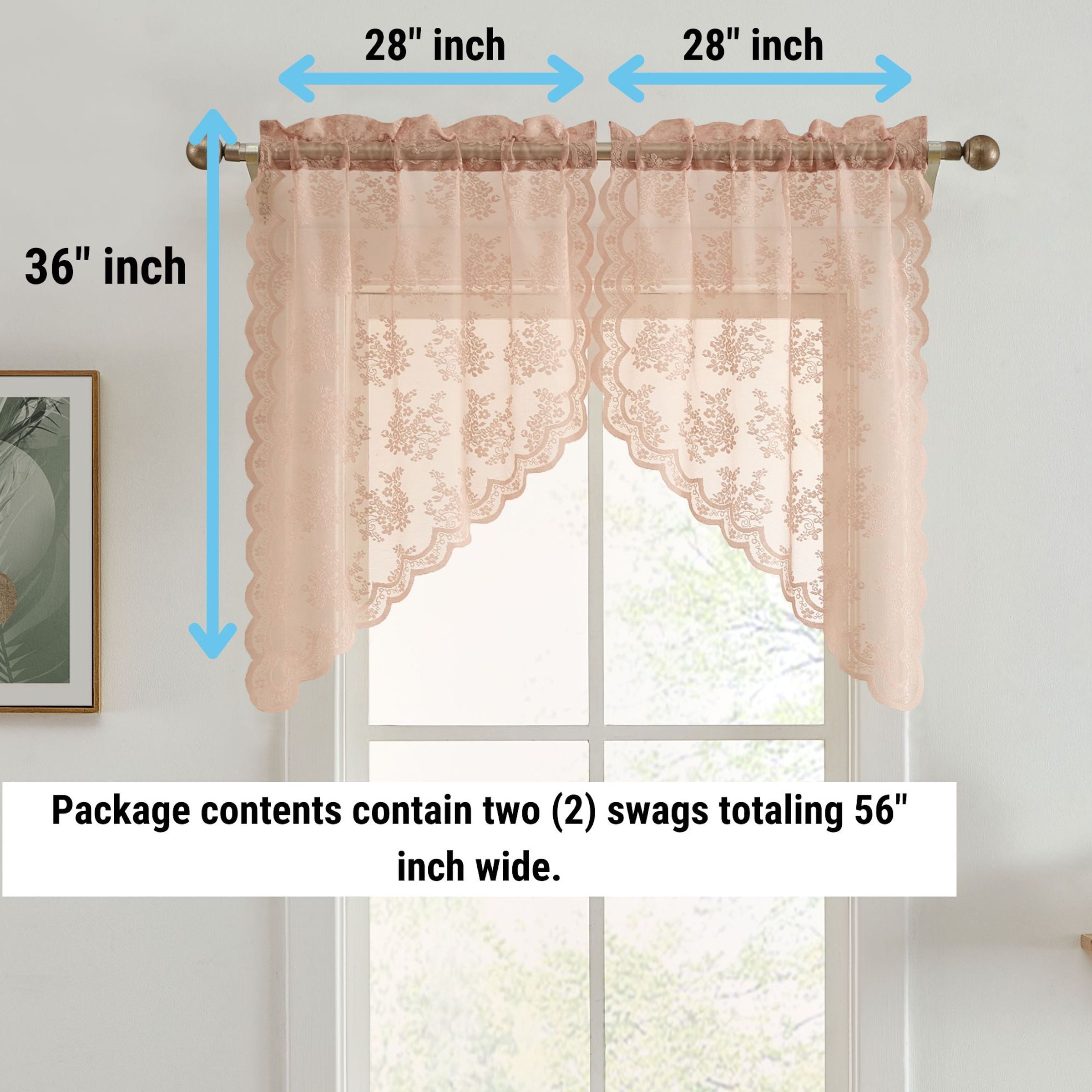 THD Joelle Floral Rod Pocket Lace Short Cafe Swags for Small Windows ...