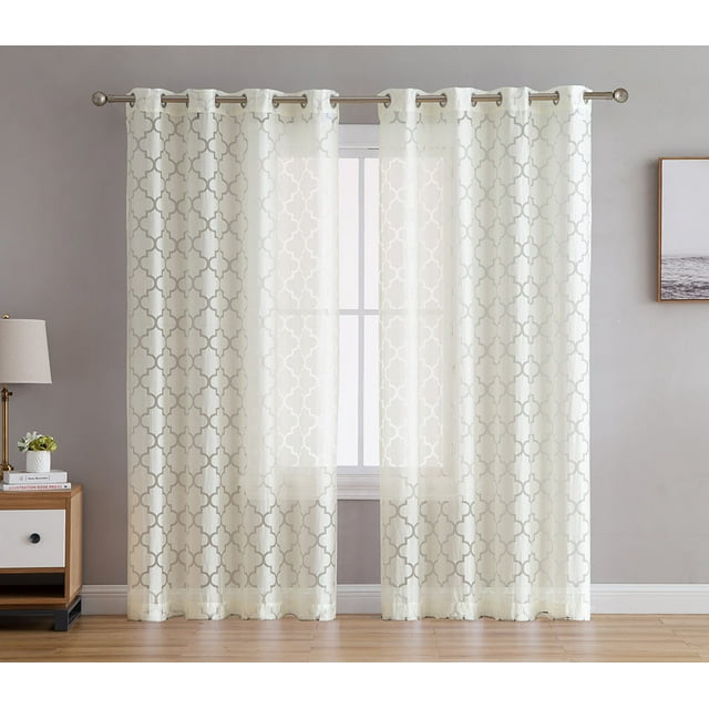 THD Lattice Burnout Geometric Sheer Voile Grommet Window Curtain Panels for Privacy & Natural ...