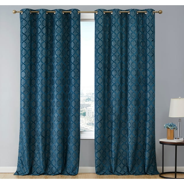 THD Sally Flocked Lattice Geometric 100% Blackout Total Privacy Grommet Window Curtain Panels ...