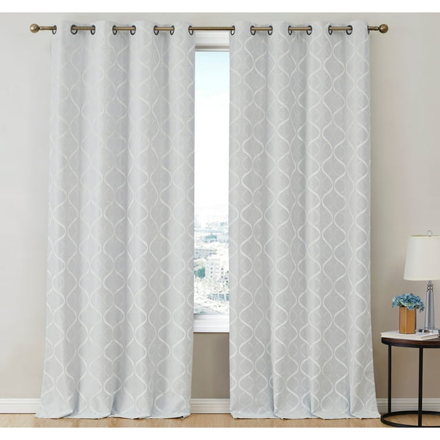 THD Sally Flocked Lattice Geometric 100% Blackout Total Privacy Grommet Window Curtain Panels ...