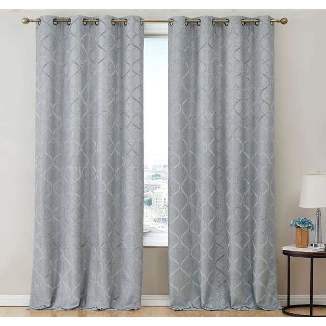 THD Sally Flocked Lattice Geometric 100% Blackout Total Privacy Grommet Window Curtain Panels ...