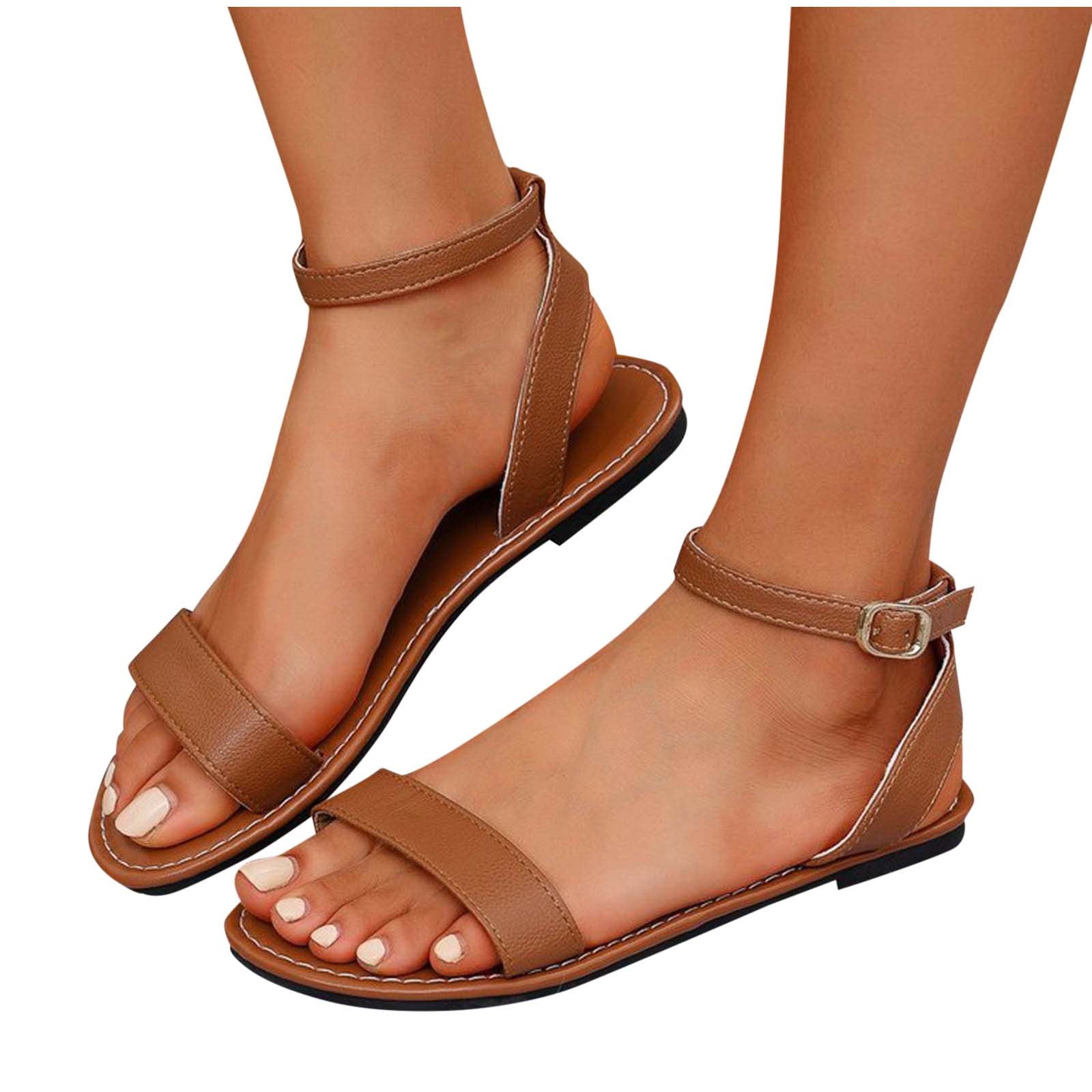 THDHVS Flat Sandals for Women,Sandals Women,Fashion Women's Open Toe Elastic Ankle Strap Flat ...