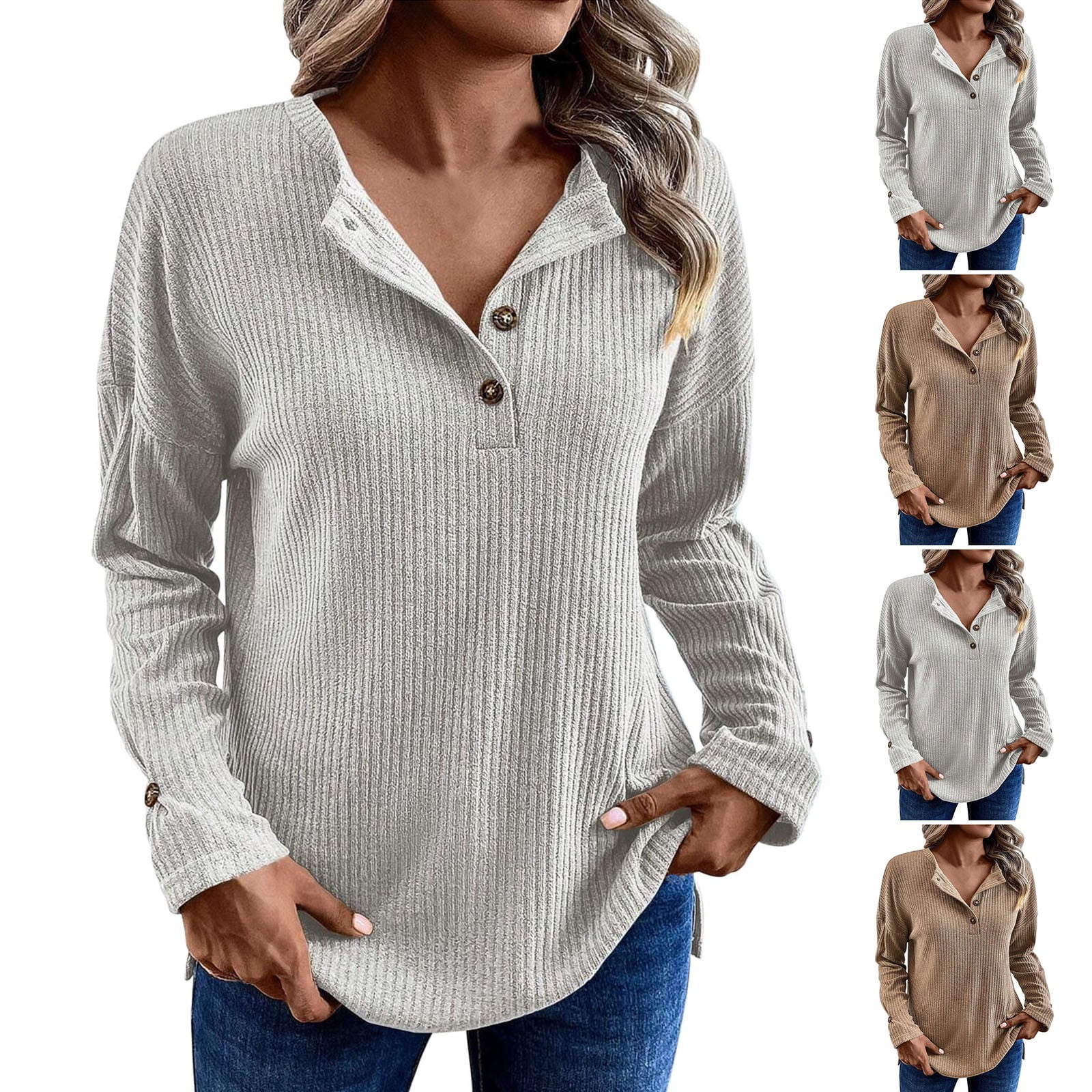 THDHVS Long Sleeve Shirts for Women,Ladies Tops,Women's Long Sleeve V Neck Button Down Pullover ...
