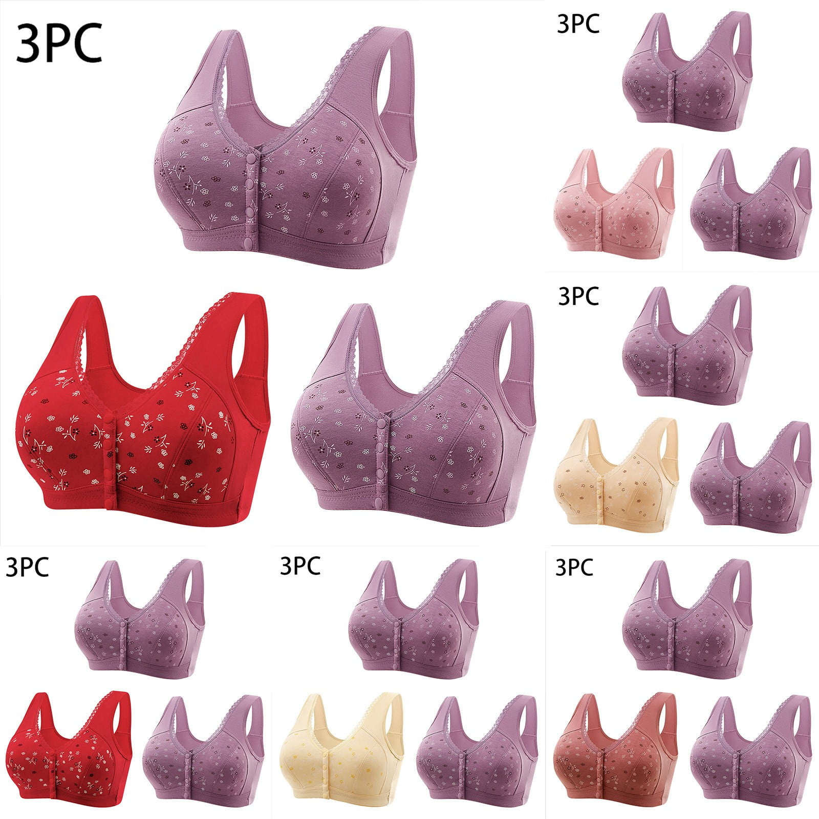 THDHVS Push Up Bra,Bras for Women No Underwire,3 Pack Plus Size Print ...
